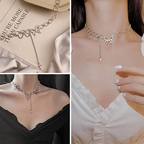 IFKM 6 PACK silver necklaces for women men layered adjustable choker chain Multilayer necklace set with butterfly cute pendant for teens girls gift