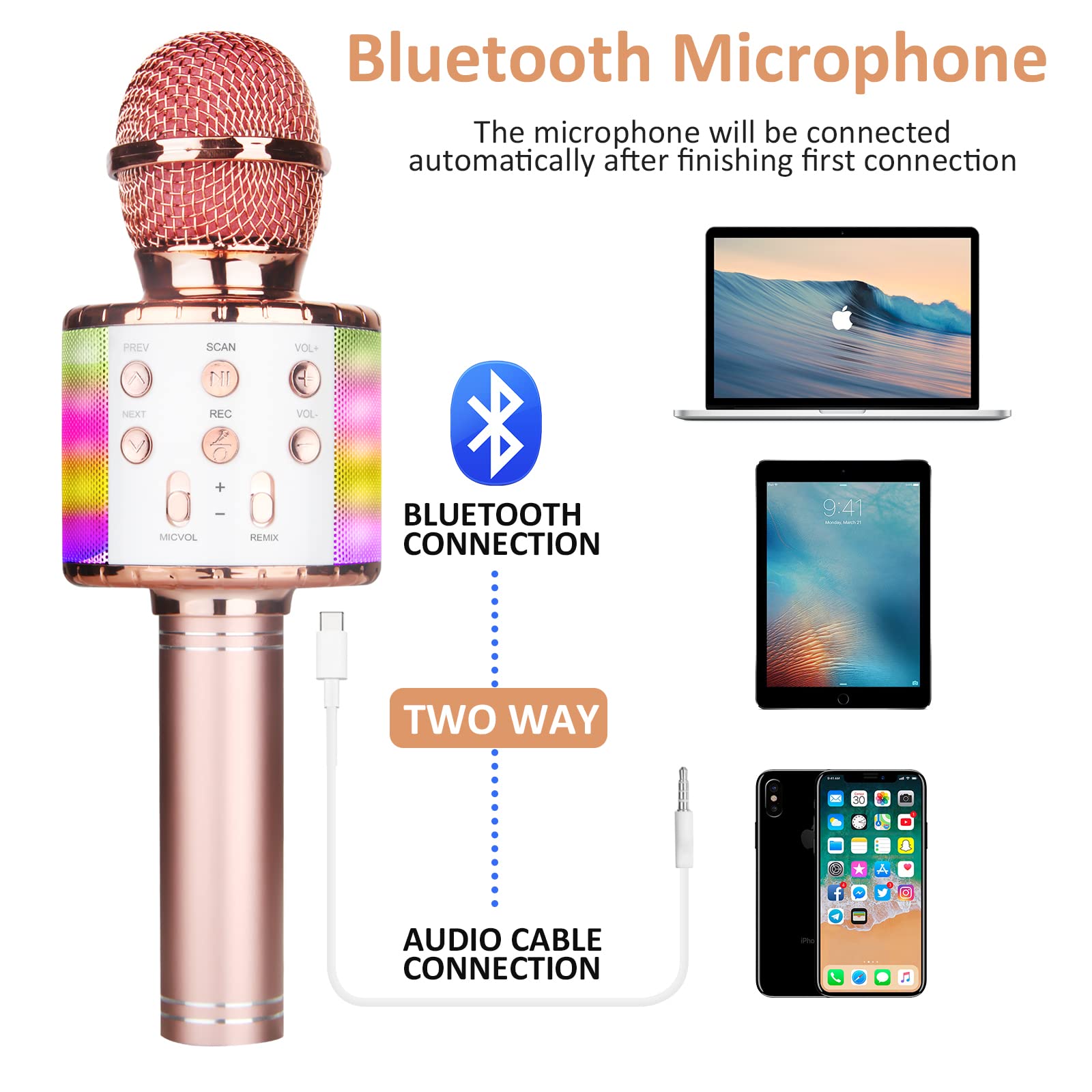 Karaoke Microphone for Kids, Bluetooth Karaoke Microphone Handheld Wireless Karaoke Machine with LED Lights, Portable Kids Microphone Birthday for Girls Boys