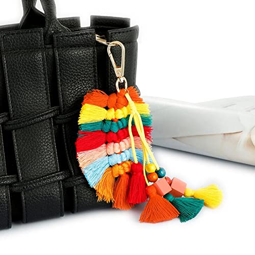MoreChioce Car Keychain, Wooden Bead Key Chain Cute Cotton Thread Tree Leaves Key Ring Pendant Handbag Bag Decoration Accessories,Yellow