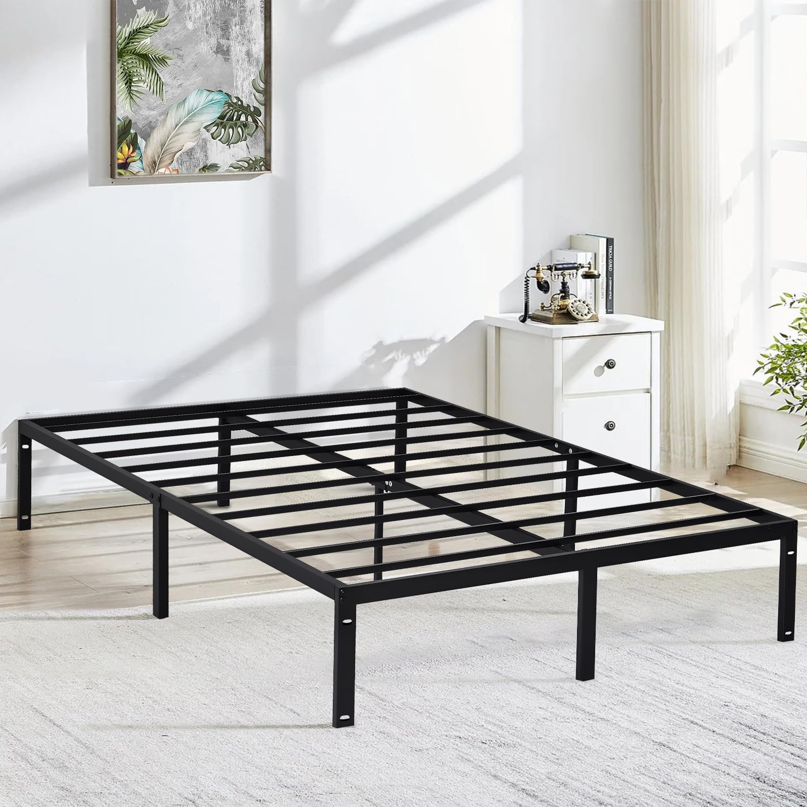 HFFTOO Metal Platform Bed with 9 Leg Base Queen Size Bed Frame with Ten Strong Metal Slats Support Black 79x59x14 Inch Black