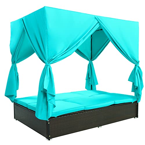 GODAFA Sofa Outdoor Patio Wicker Sunbed Daybed Lounge Chairs with Canopy, Cushions, and Adjustable Seats-Perfect for Backyard and Porch Relaxation, Blue