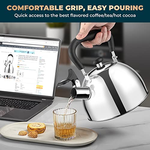 Tea Kettle for Stove Top - HIHUOS 2.2QT Whistling Teapot for Stovetop with Universal Base - Food Grade Stainless Steel Tea Pots for Stove Top - Mirror Sleek Teakettle with Cool Grip Bakelite Handle