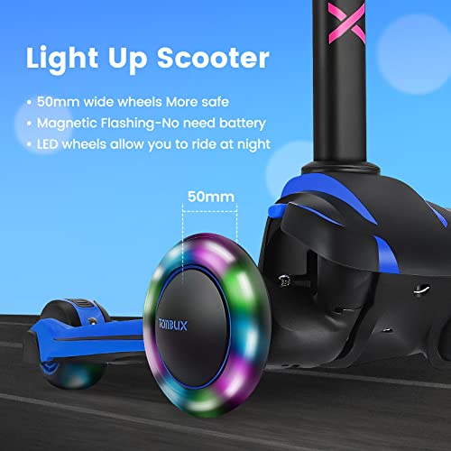 TONBUX Scooter for Kids Ages 3-5, Toddler Scooter with 4 Adjustable Heights, Kids Scooter Light Up 3 Wheels, Shock Absorption Design, Lean to Steer, Balance Training Scooter for Kids(Blue+Red)