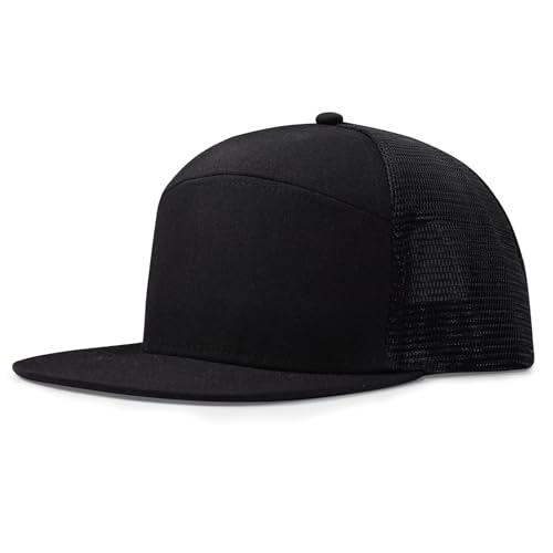 Oversize XXL Blank Flatbill Mesh Snapback Cap Black 2XL, XXL Flat Bill Hat 6 Panel Camper Style