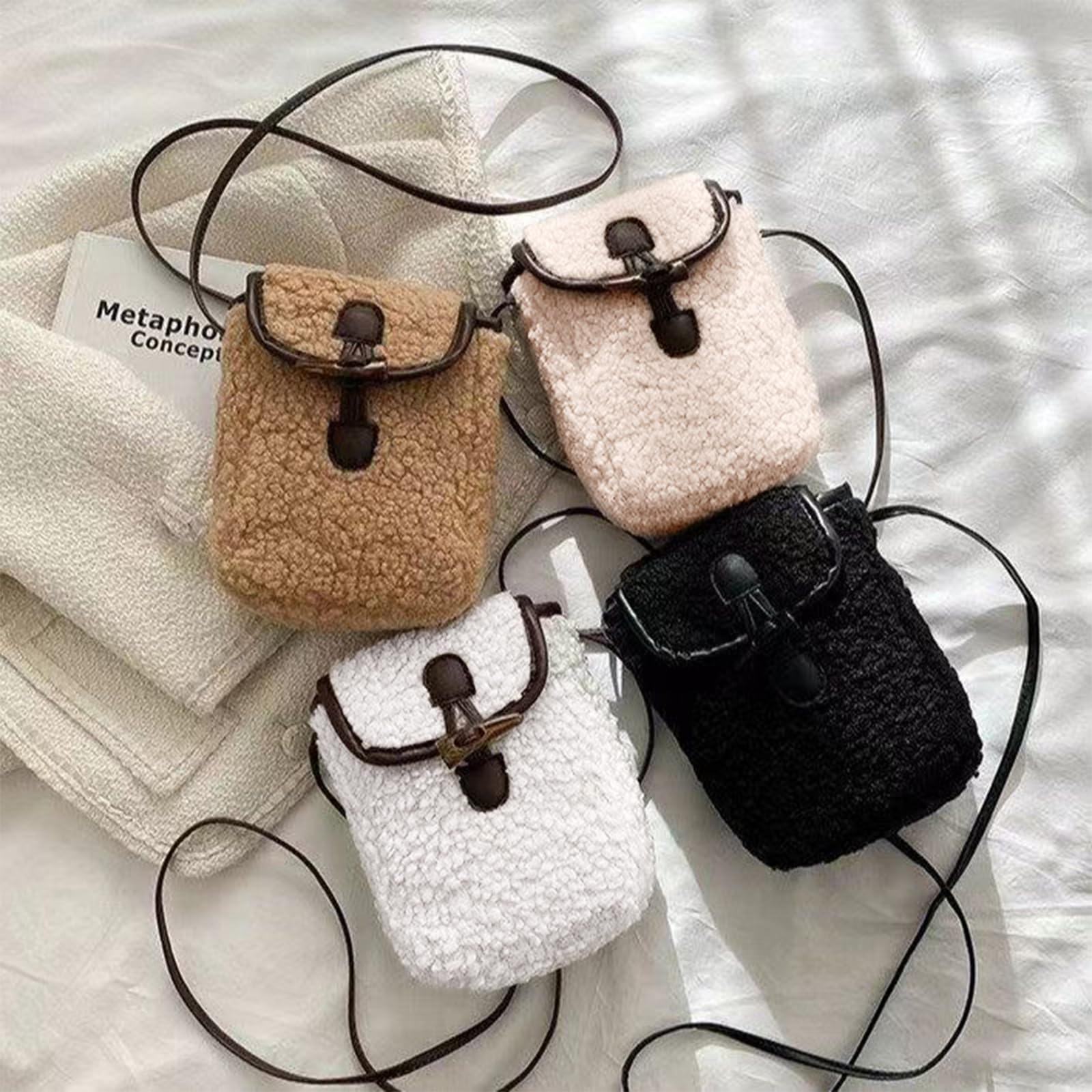 Mei Gu Dong Fashion Women's Diagonal Straddle Bag, Lamb Fleece Mobile Wallet (Brown)