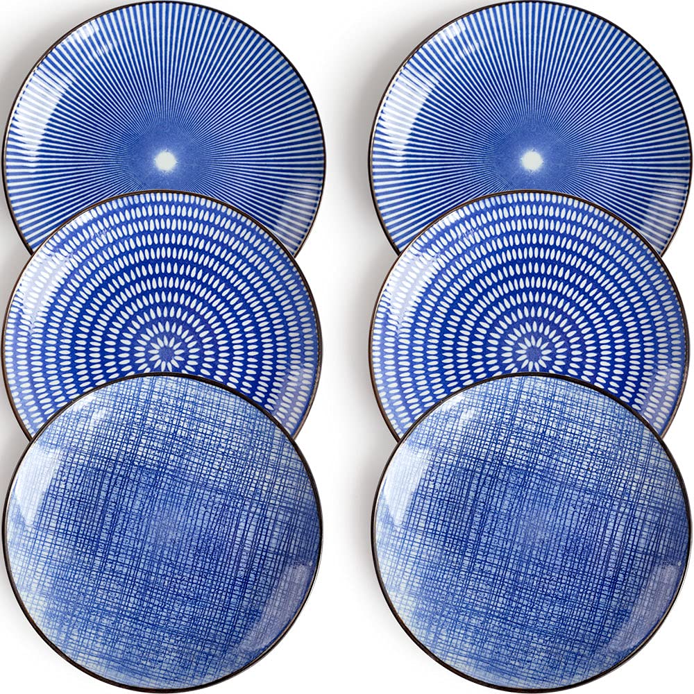 Houlu 8 Inch Salad Plates, Luncheon Plates Set of 6, Blue and White Porcelain Plates