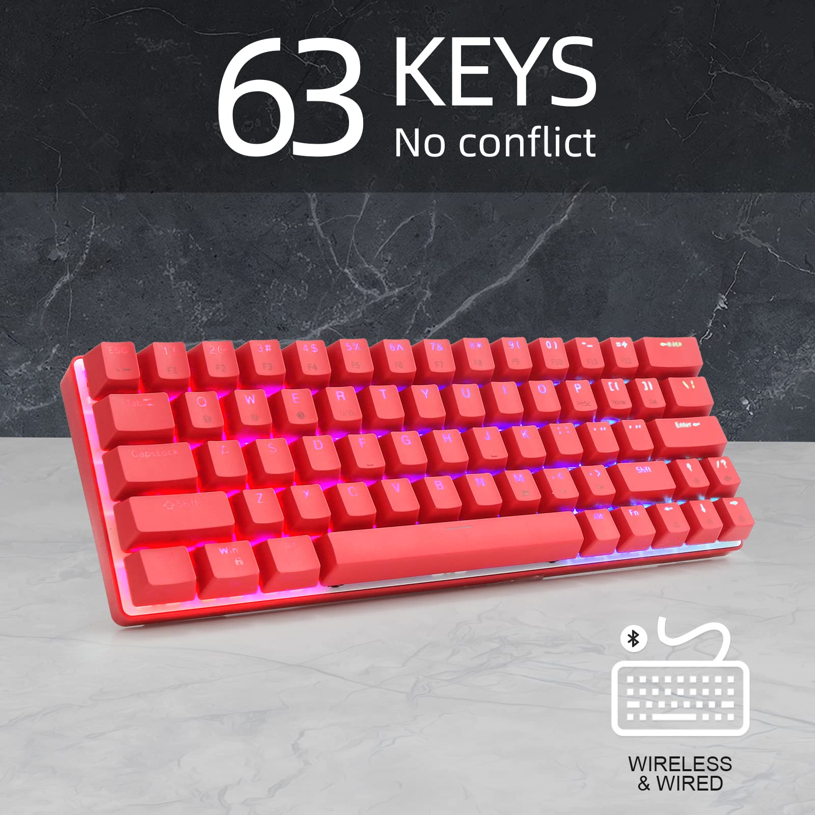 IEMUDJ CQ63 Mechanical Keyboard, Wired Wireless Gaming Keyboard, Outem Red Switch, RGB Backlit, Bluetooth 5.0, Compact 63 Keys, for desktop, laptop, Mac, Tablet, Gaming and Office