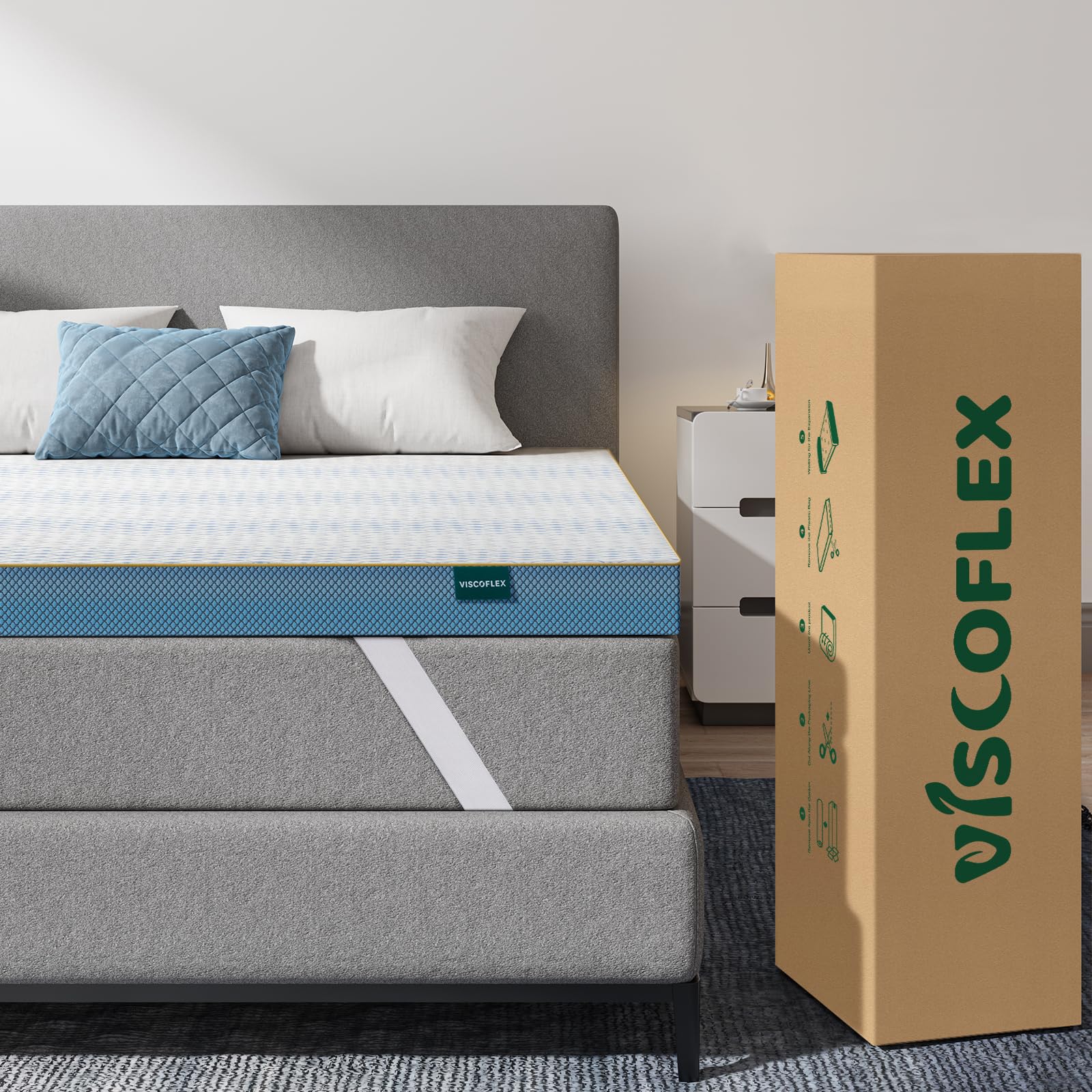 VISCOFLEX 4 Inch Firm Memory Foam Mattress Topper Queen Size, Gel Infused Bed Topper with High Density Support Foam-Relieve Back Pain with Ultra Comfy Cover