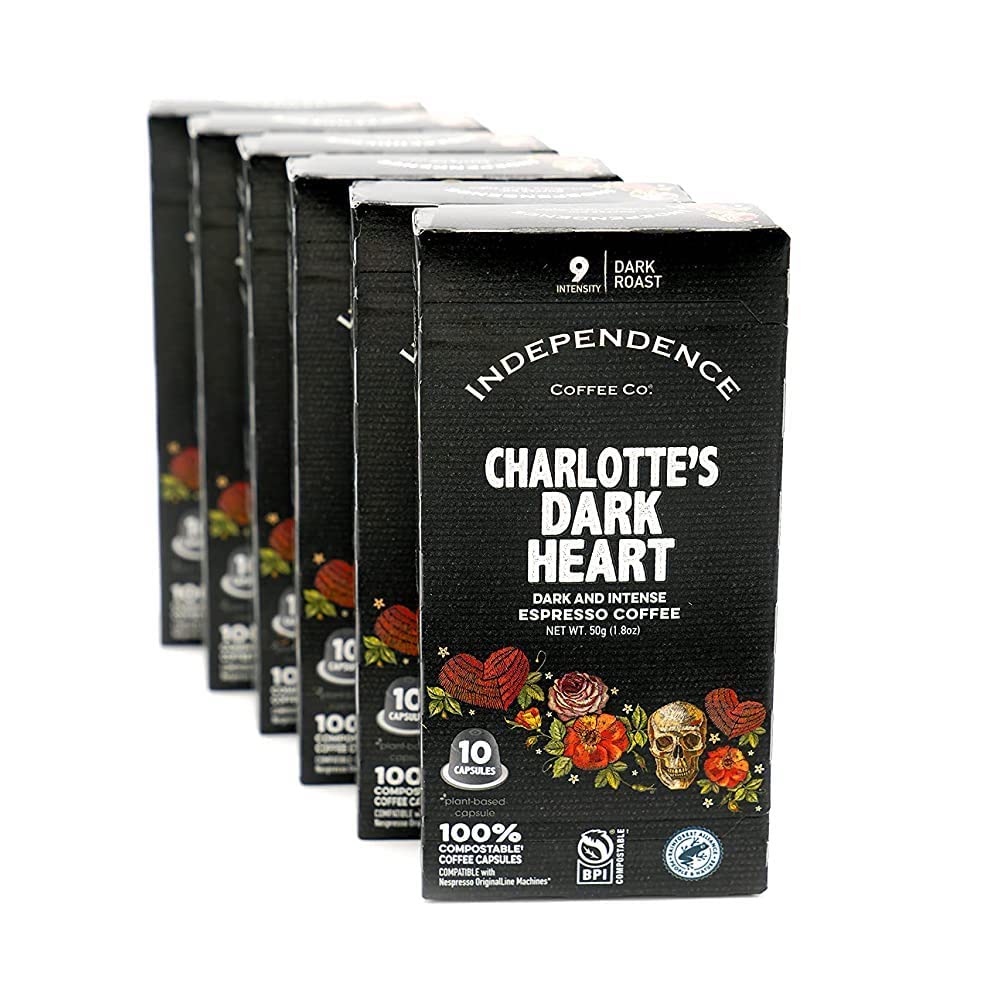 Independence Coffee Co. Nespresso Compatible Capsules, Compostable Plant Based Coffee Pods, Charlotte's Dark Heart, Dark and Intense Espresso Coffee, 10 Count (Pack of 6) - Compatible with Nespresso OriginalLine Espresso Makers