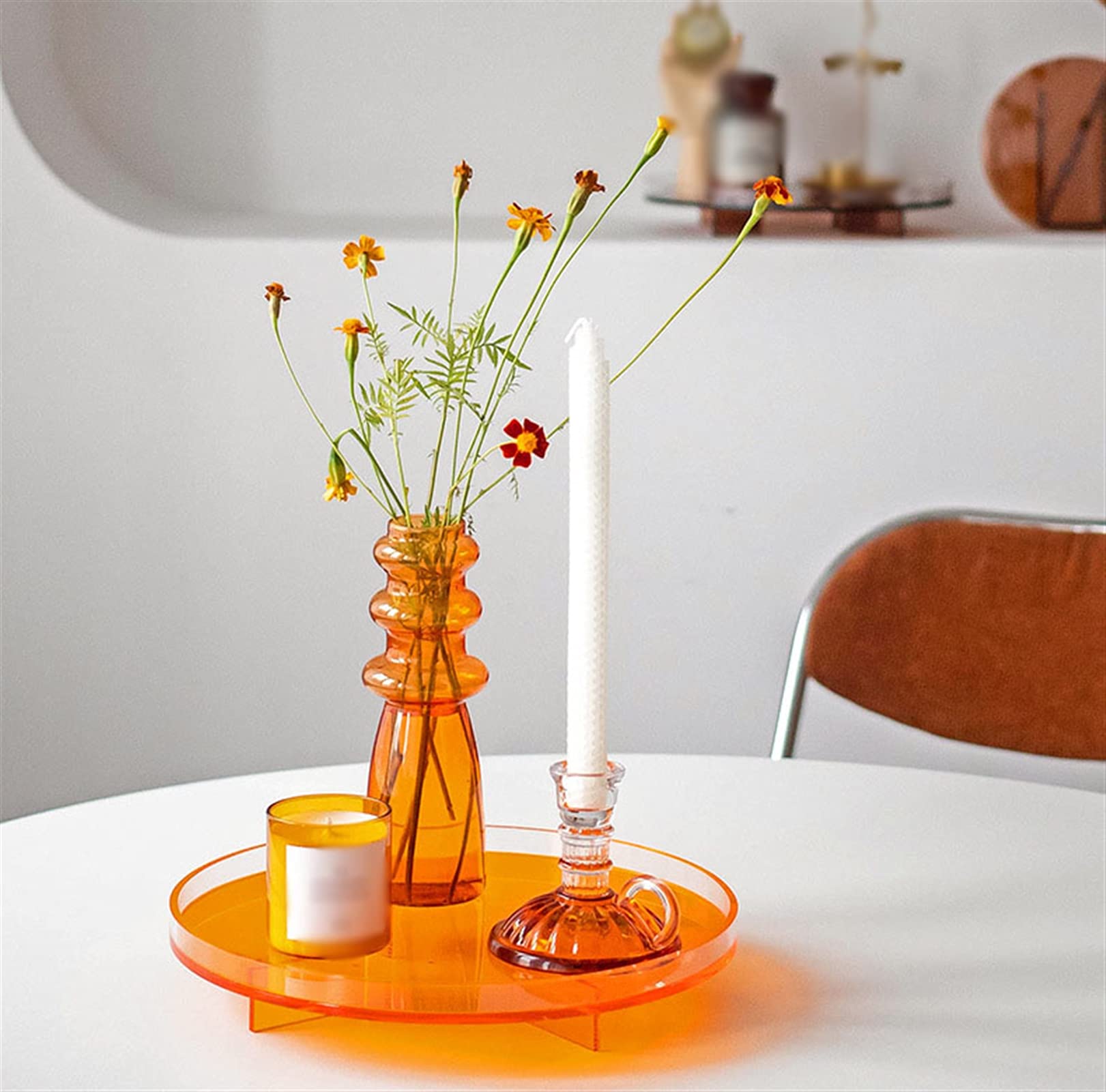 Lifup Acrylic Serving Tray, Clear Decorative Serving Trays for Kitchen Dining Room Table Ottoman Vanity Countertop Round Orange 11.8"x 11.8"x2.0" 30x30x5cm