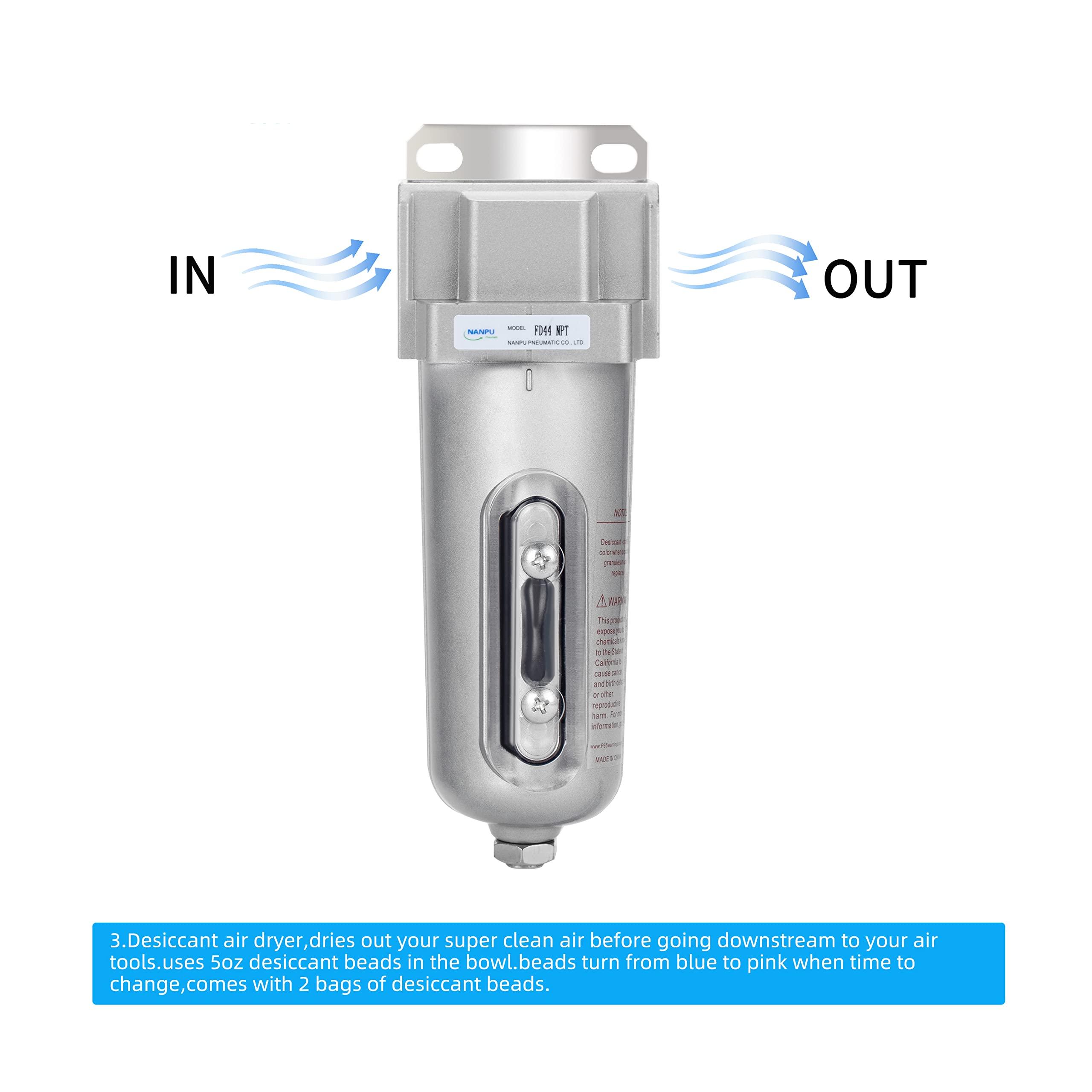 NANPU Industrial Grade Heavy Duty Compressed Air Desiccant Dryer, in Line Filter, Moisture Trap, Water Separator, Suitable for Paint Spray & Plasma Cutter (3/4" NPT)
