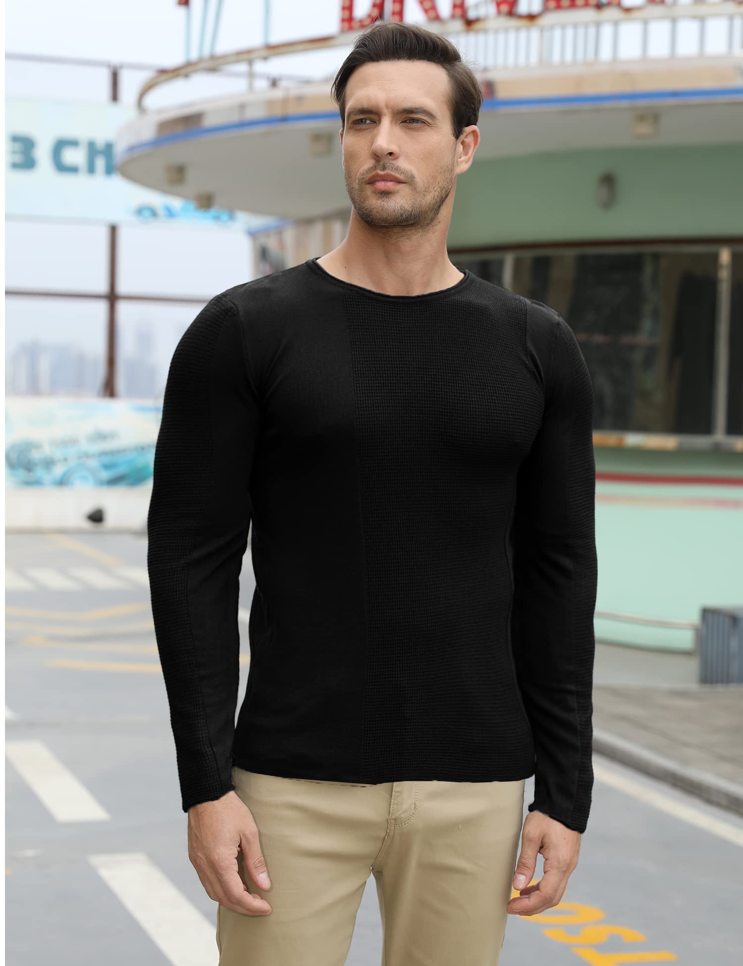 KELLORENA Men's Muscle T Shirts Stretch Long Sleeve Workout Tee Casual Slim Fit Gym Athletic T Shirts for Men Black