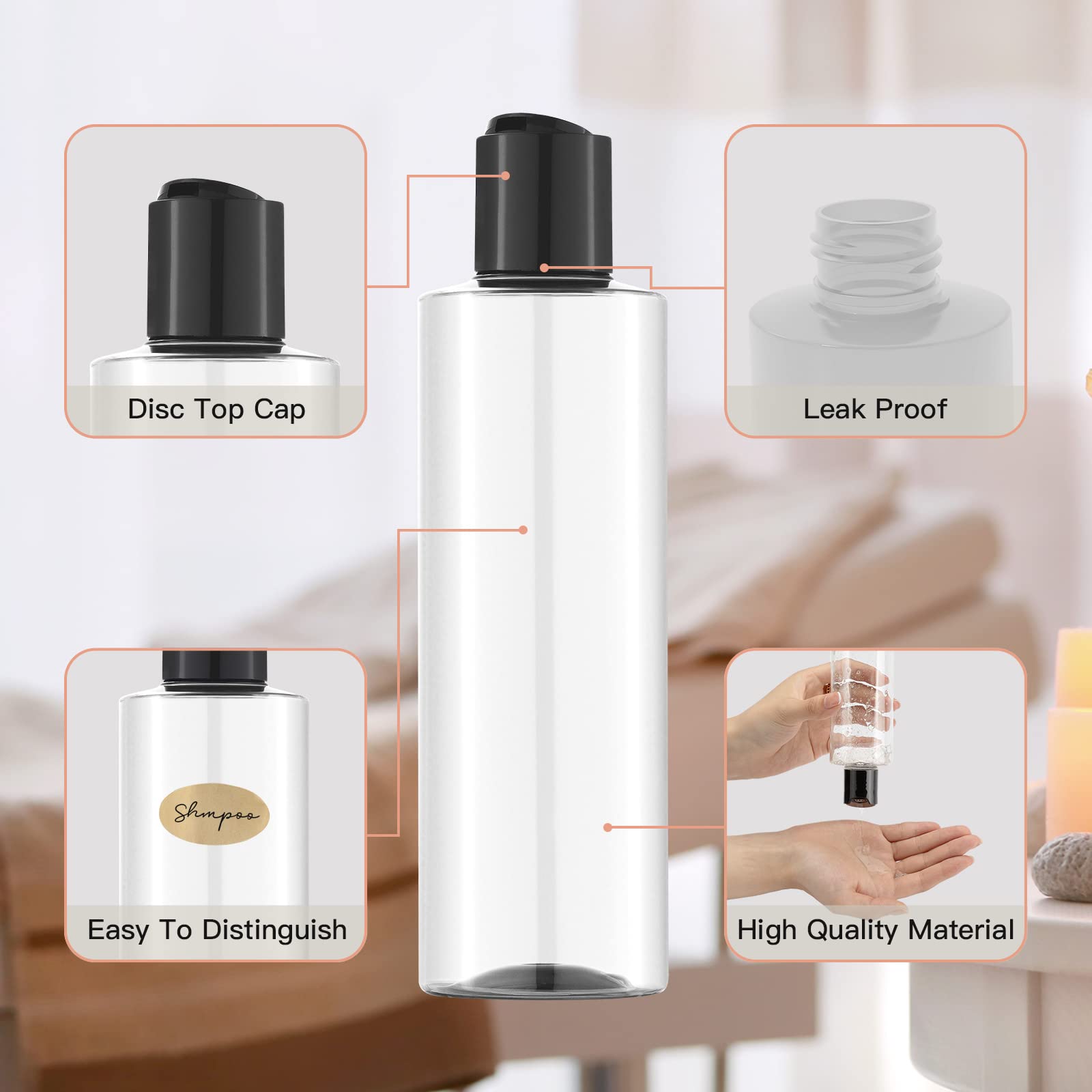 owlyee 8.4oz Travel Bottle with Disc Top Flip Cap (4PCS) Empty Plastic Container for Shampoo, Lotion, Soap (250ml, Clear)