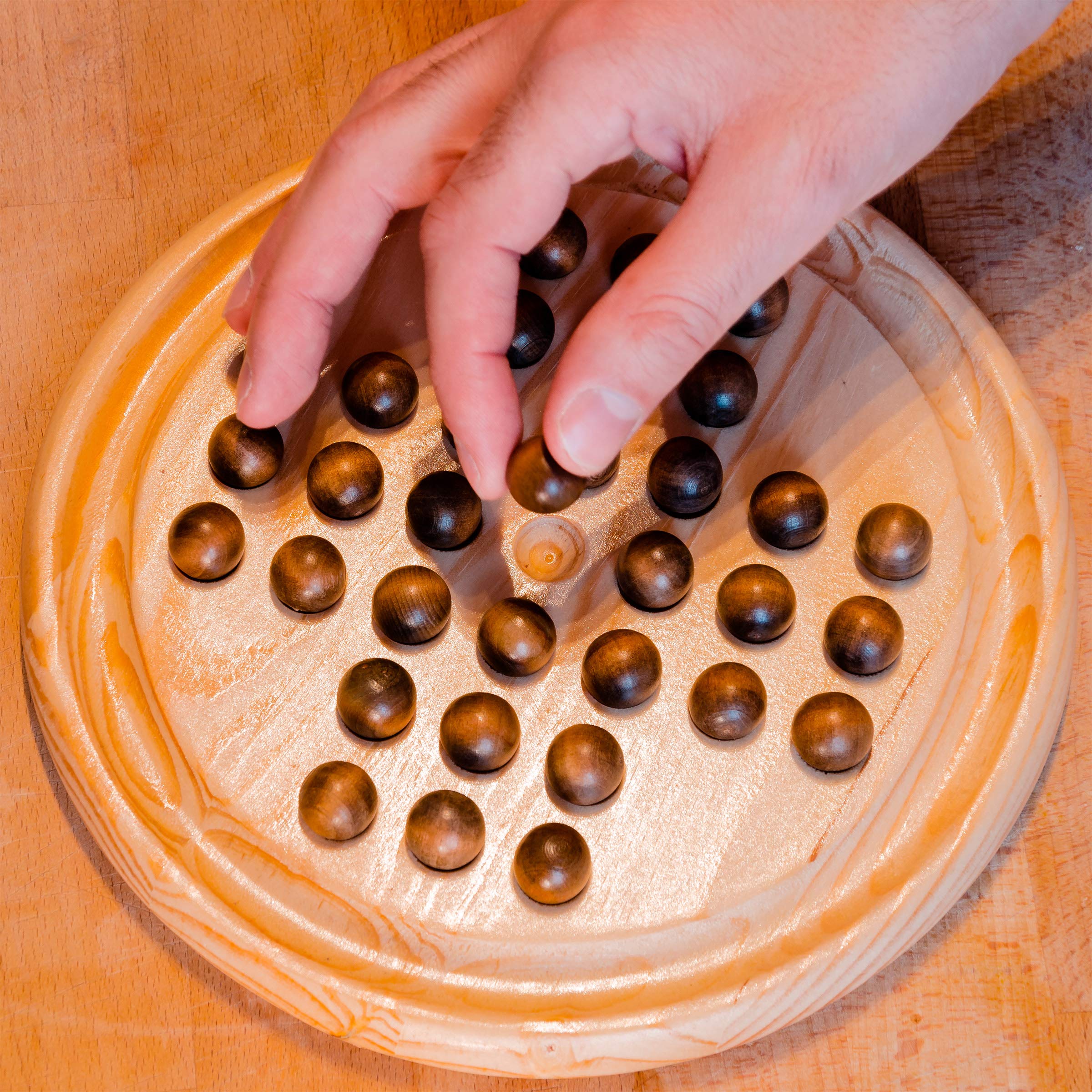 Hey! Play! Wooden Solitaire Board Game- Complete Set with Board and 33 Wood Marbles-Fun Vintage Style 1 or 2 Player Activity for Kids and Adults , Brown