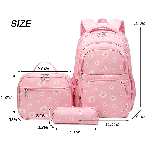 ZHIERNA School Backpack 3PCs Daisy Prints Set With Lunch Bag, Bookbags with Pen Case For Teen Girls Kindergarten Elementary(Pink)