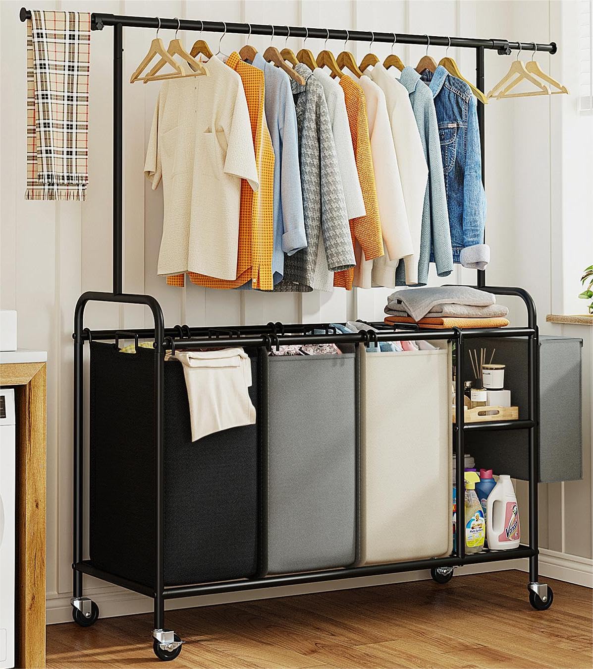 Raybee Laundry Hamper, Laundry Basket, Laundry Sorter, 200L（53Gal）Laundry Basket with Wheels, Laundry Sorter 3 Section, Laundry Hamper with 13" Adjustable Hanging Bar and 3 Tier Shelves