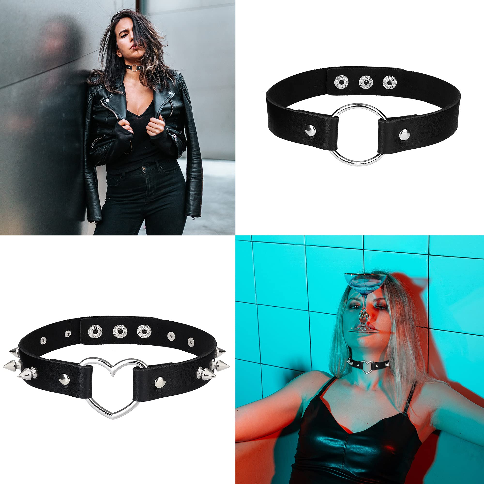 IRONBOX 10Pcs PU Leather Choker Punk Necklace For Women Adjustable Heart Rock Choker Goth Spiked Black Cat Collar Choker Necklace