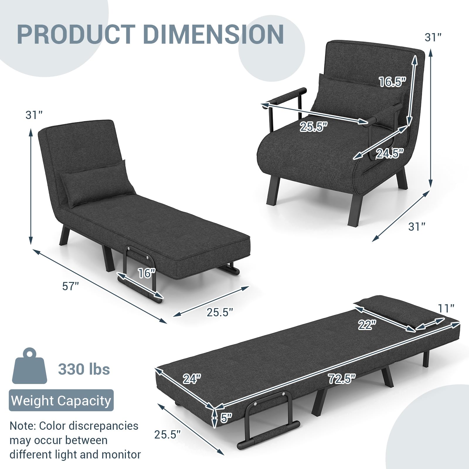 HOMGX, Leisure Recliner Sleeper w/ 6 Adjustable Position Backrest Lounge Seat, Folding w/High Elastic Sponge 4-in-1 Convertible Sofa Chair Bed, Grey