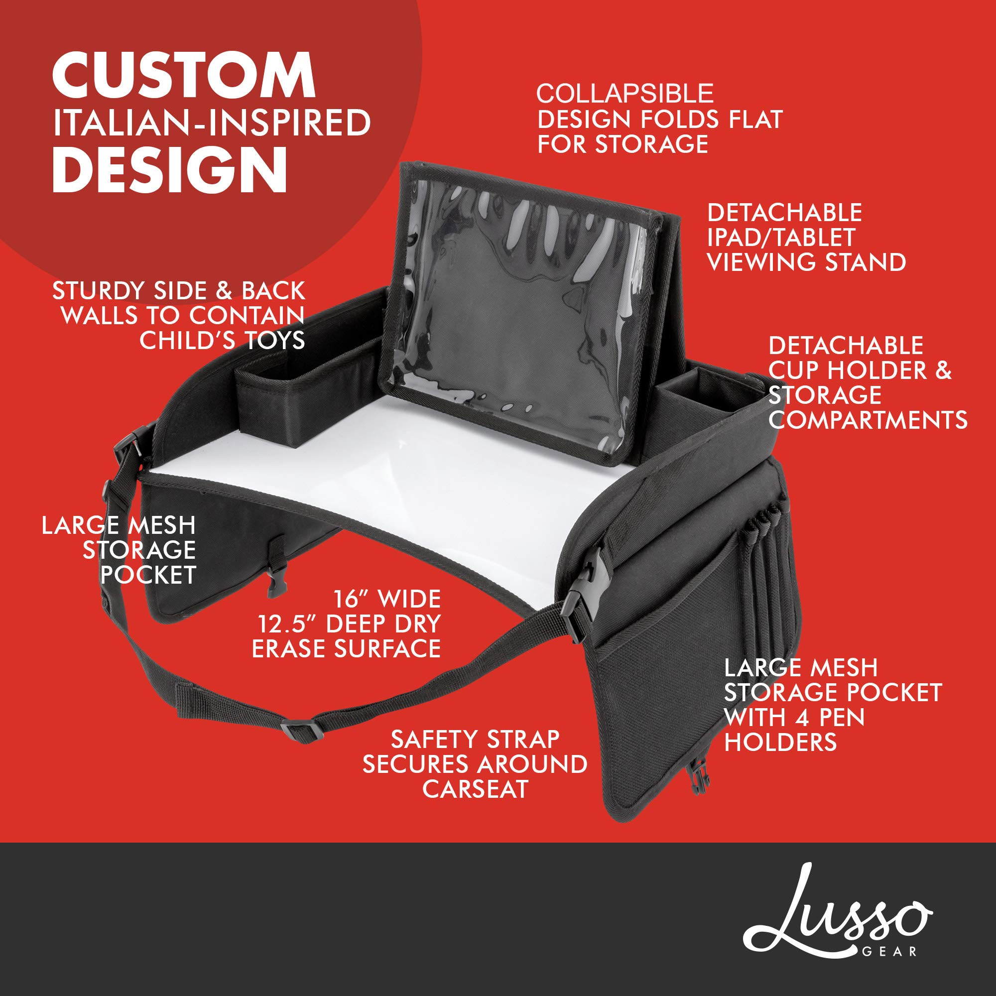 Lusso Gear "Toddler Travel Time Bundle - Black - Kids Travel Tray, Back Seat Organizer, Car Seat Organizer, Car Trash Can