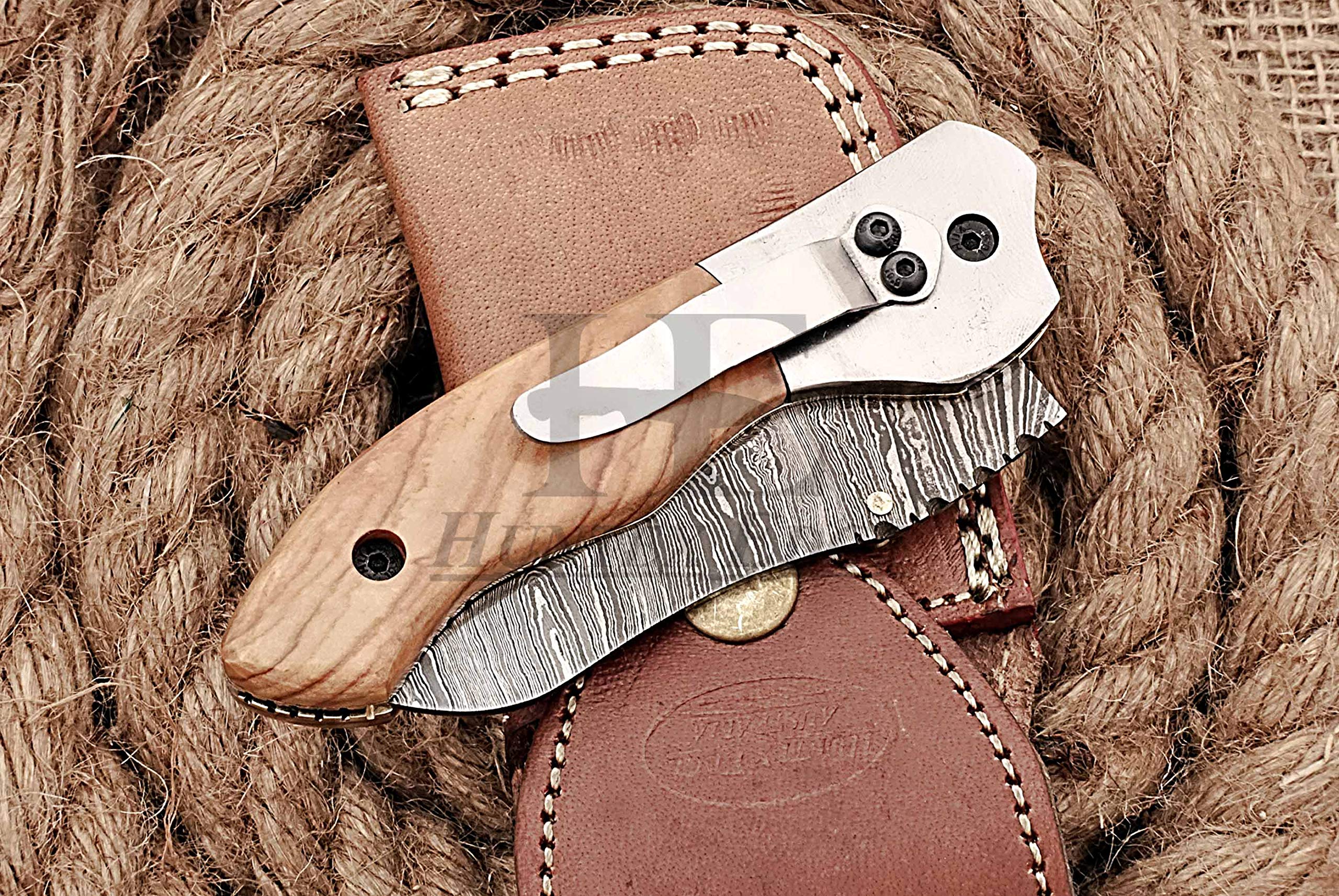 HUNTEX Custom Handmade Hand-Forged Twist Pattern Damascus Steel 3.7 Inch Long Natural Olive Wood Handle Razor Sharp Hunting Folding Pocket Wharncliffe Knife with Pocket Clip & Genuine Leather Pouch