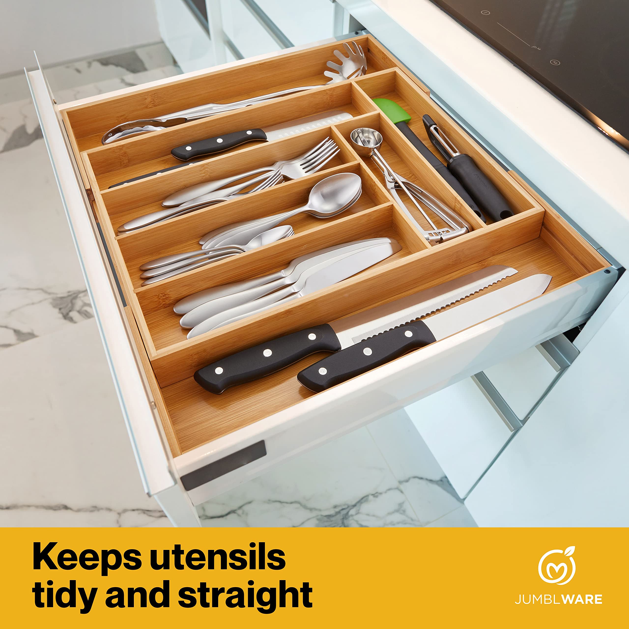 JumblWare Bamboo Expandable Drawer Organizer. Wooden Storage Tray with Dividers for Silverware, Kitchen Utensils, Spices, K Cups, Small Clothes & Makeup. Adjustable Sliding Design from 13β to 19.6β