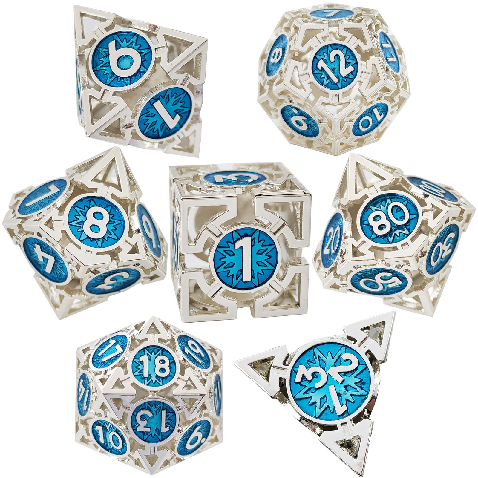 Metal Hollow DND Dice Set Polyhedral Dice D&D RPG Dungeons and Dragons Dice Board Games D and D Role Playing Dice Pathfinder Dice MTG Giant with Gift Box D20 D12 D10 D8 D6 D4 Silver Blue