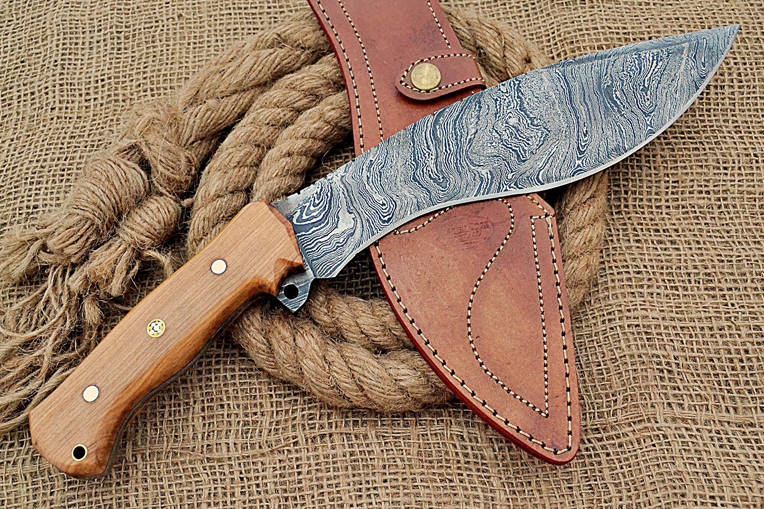 HUNTEX Handmade Hand-Forged Twist Pattern Damascus Steel 15 Inch Long Full Tang Natural Oak Wood Handle Razor Sharp Hunting Camping Kukri Knife w/Genuine Leather Sheath