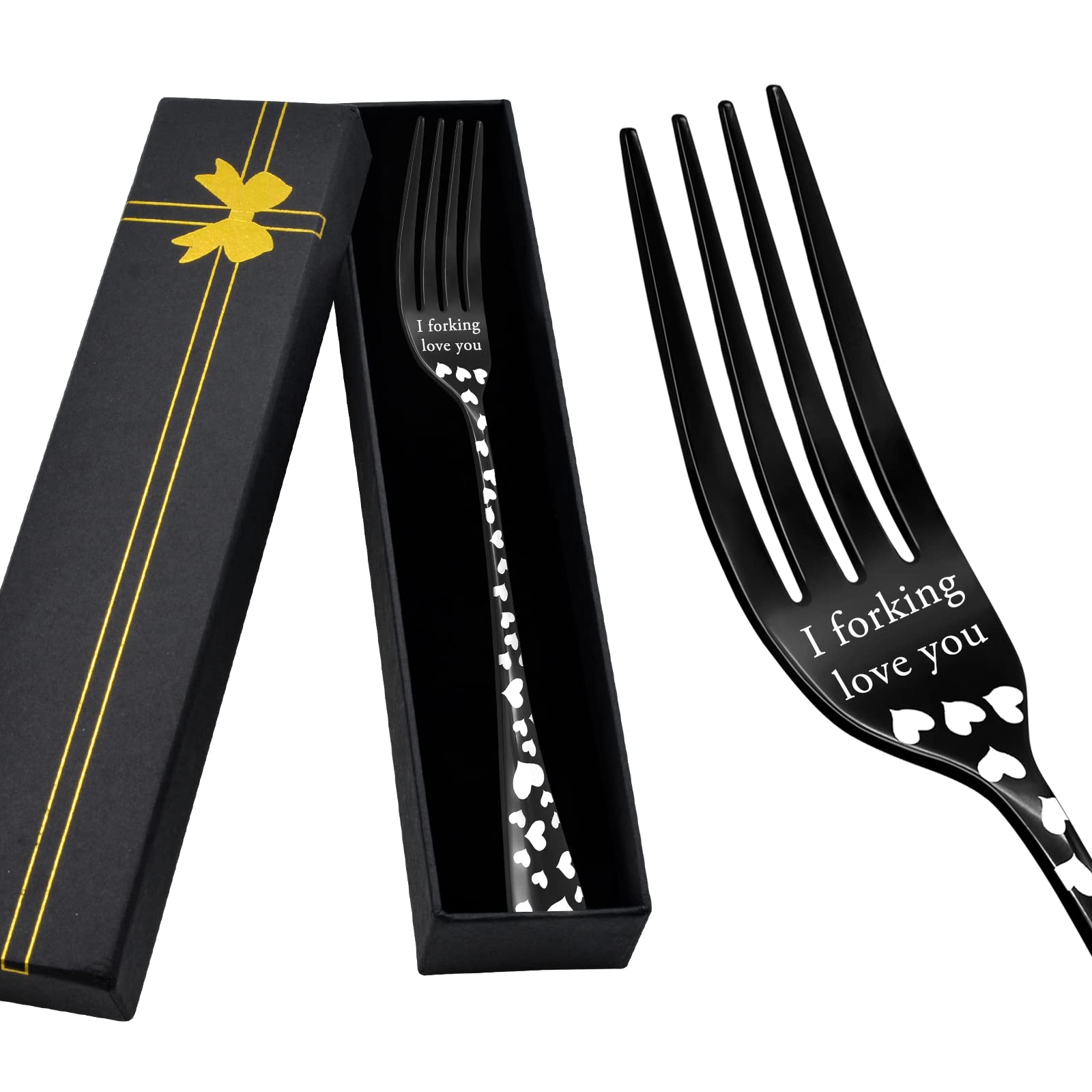 I Forking Love You Dinner Forks Valentines Day Gifts, Christmas Gifts Anniversary Birthday Gifts for Boyfriend Girlfriend Wife Husband, Stainless Steel Engraved Table Fork (Black)