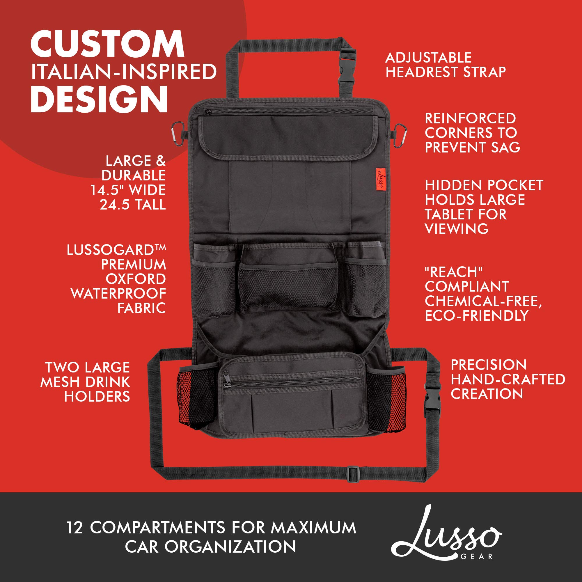 Lusso Gear Kids Travel Tray (Blue) + Heavy Duty Car Seat Organizer (Black), Extra Large for Protection, Sag Proof & Reinforced Corners, Protects iPad & Backseat, 12 Versatile Car Seat Organizer Storag