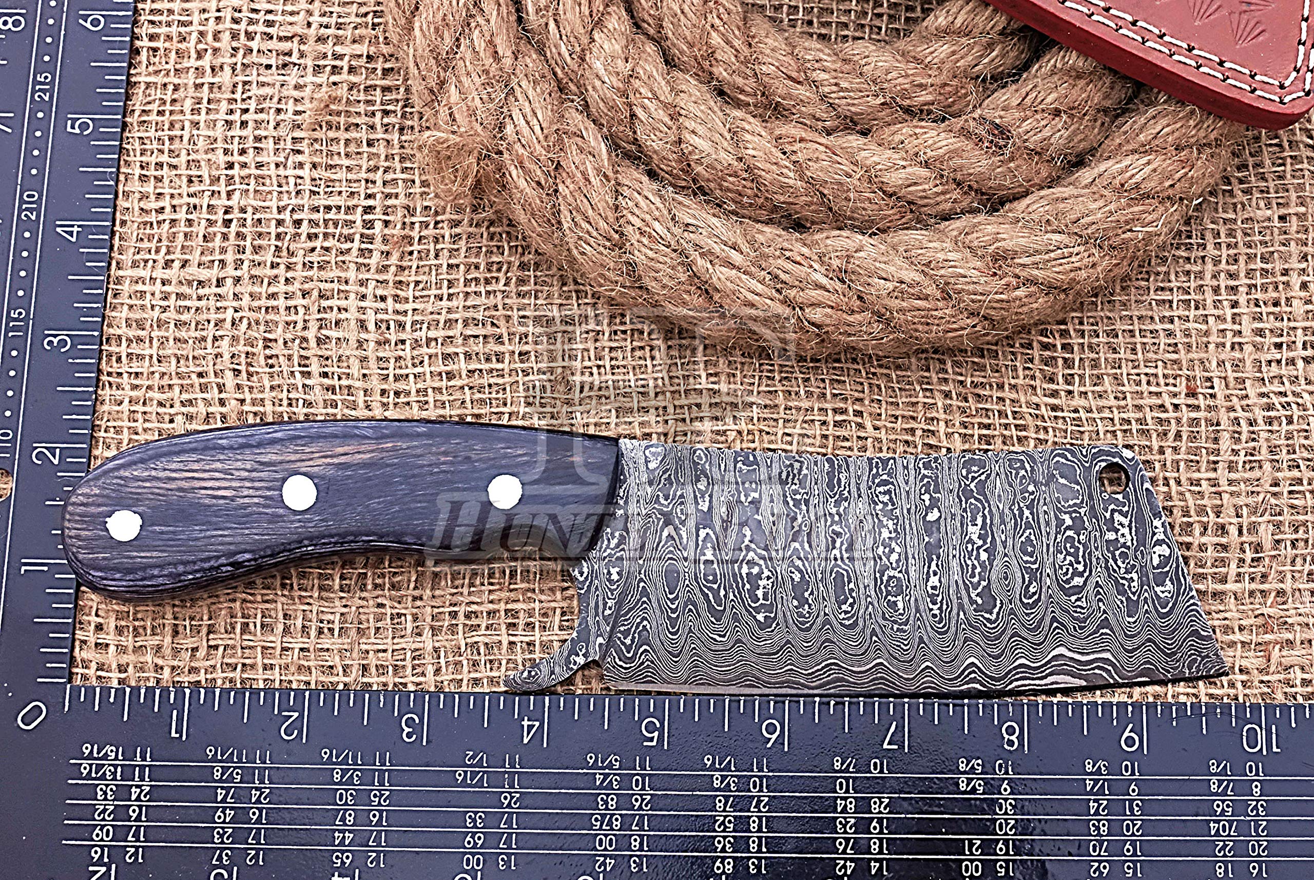 HUNTEX Handmade Hand-Forged Ladder Pattern Damascus Steel 9.5 Inch Long Full Tang Pakka Wood Handle Razor Sharp Hunting Camping Cleaver Knife w/Genuine Leather Sheath