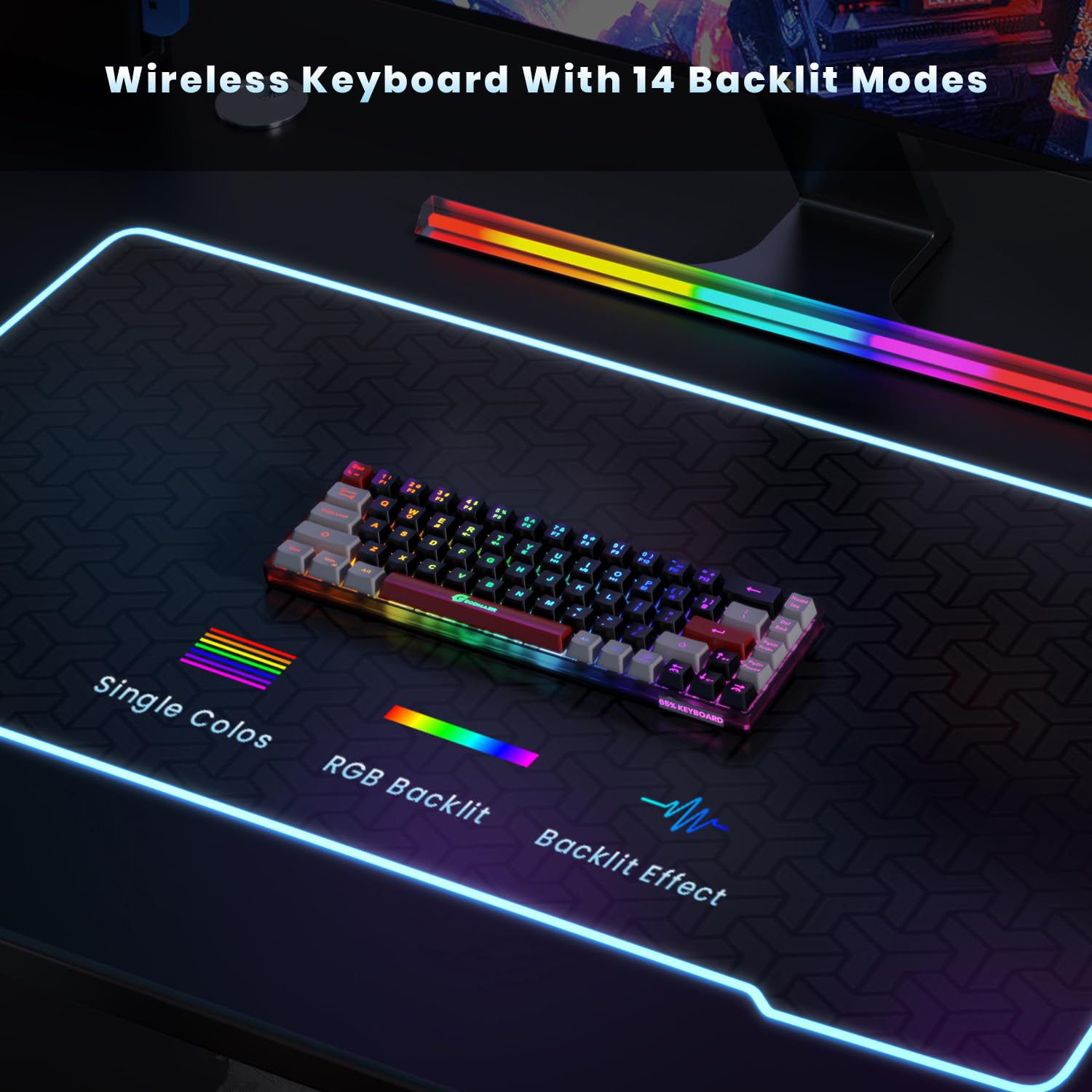 GEODMAER 65% Wireless Gaming Keyboard, Rechargeable RGB Backlit Gaming Keyboard with 14 Backlit Modes, 68 Keys Ultra-Compact Anti-Ghosting No-Conflict Keyboard for PC Laptop Mac PS5 PS4 Xbox One Gamer