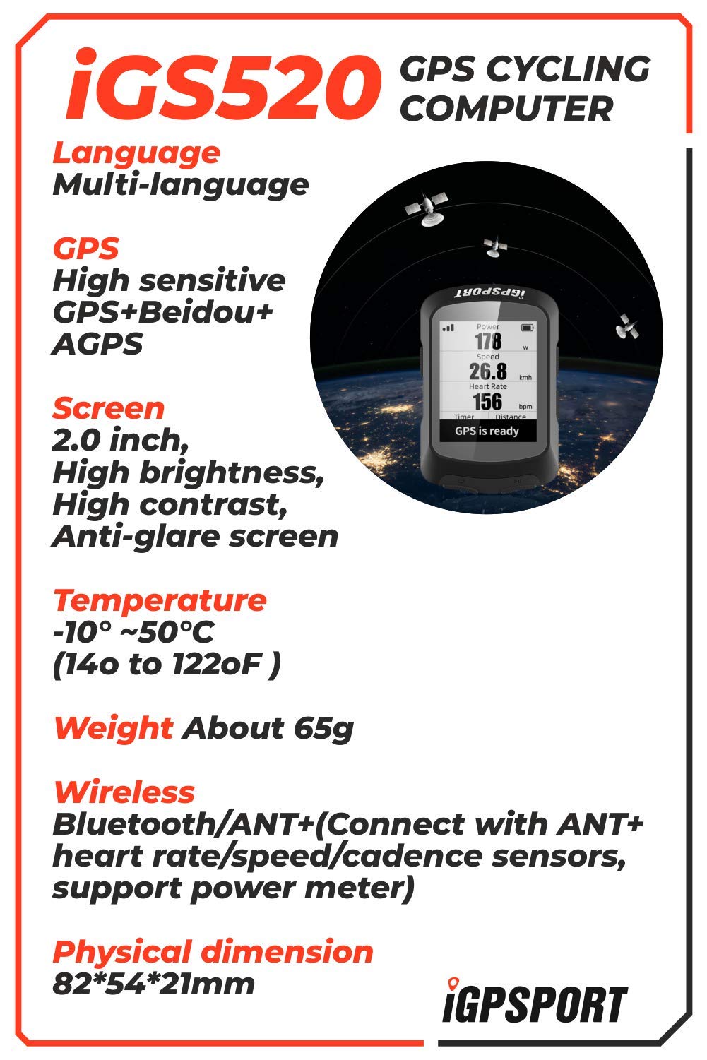 iGPSPORT iGS520 GPS Cycling Computer with HR60 Heart Rate, M80 Mount, SPD70 Speed and CAD70 Cadence Sensors and Wearable4U Bike Multi-Tool Bundle
