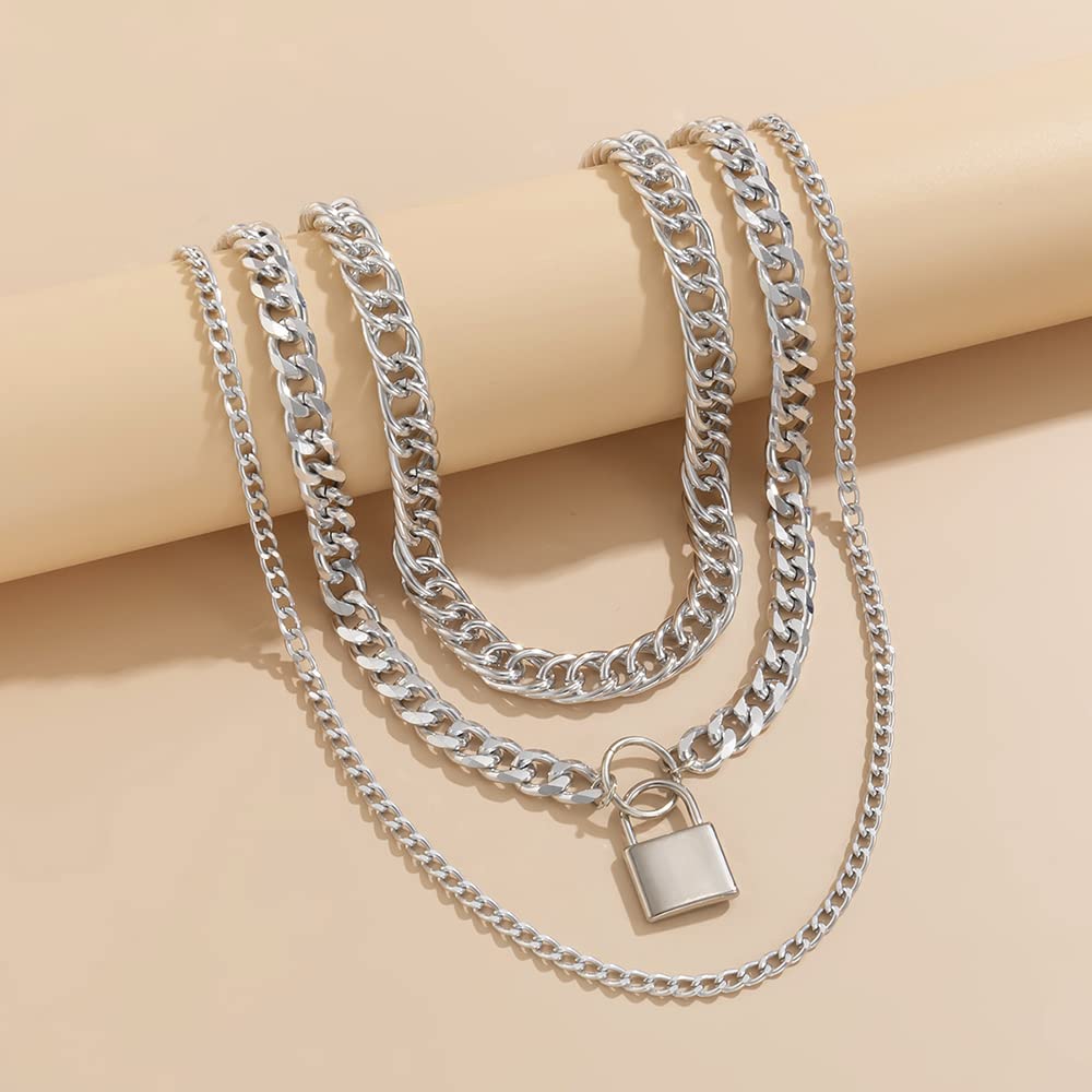 Jumwrit Chunky Chain Necklace Punk Layered Choker Necklaces Cuban Link Chain Necklace with Lock Pendant Necklace Statement Necklace for Women(Silver)
