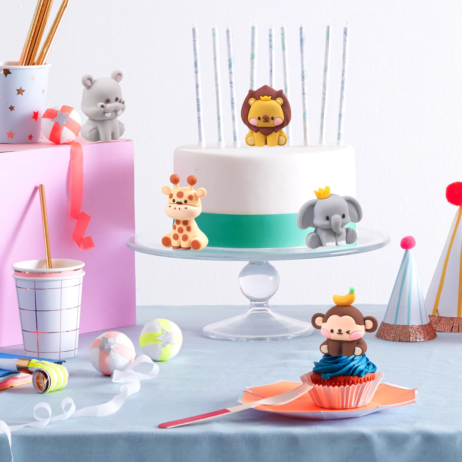 Jungle Safari Animal Cake Toppers β Lion Giraffe Monkey Hippo Elephant for Baby Shower