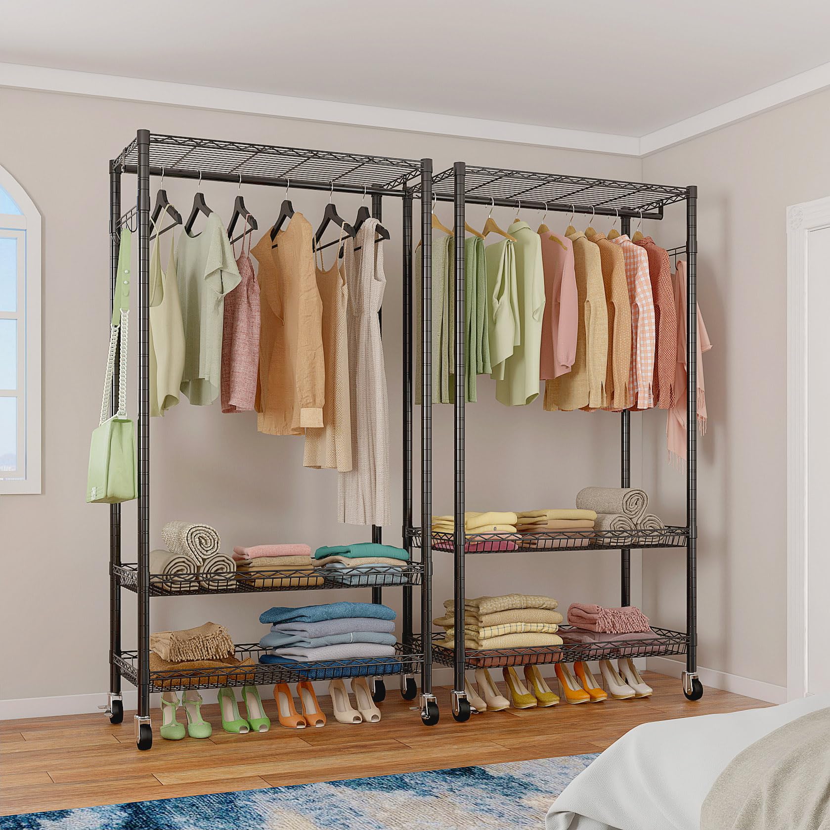 Heavy Duty Rolling Rack,Closet Organizer Metal Garment Rack Portable Clothes Hanger Home Shelf,Freestanding Closet Wardrobe (35.43x 17.72 x 72.83)