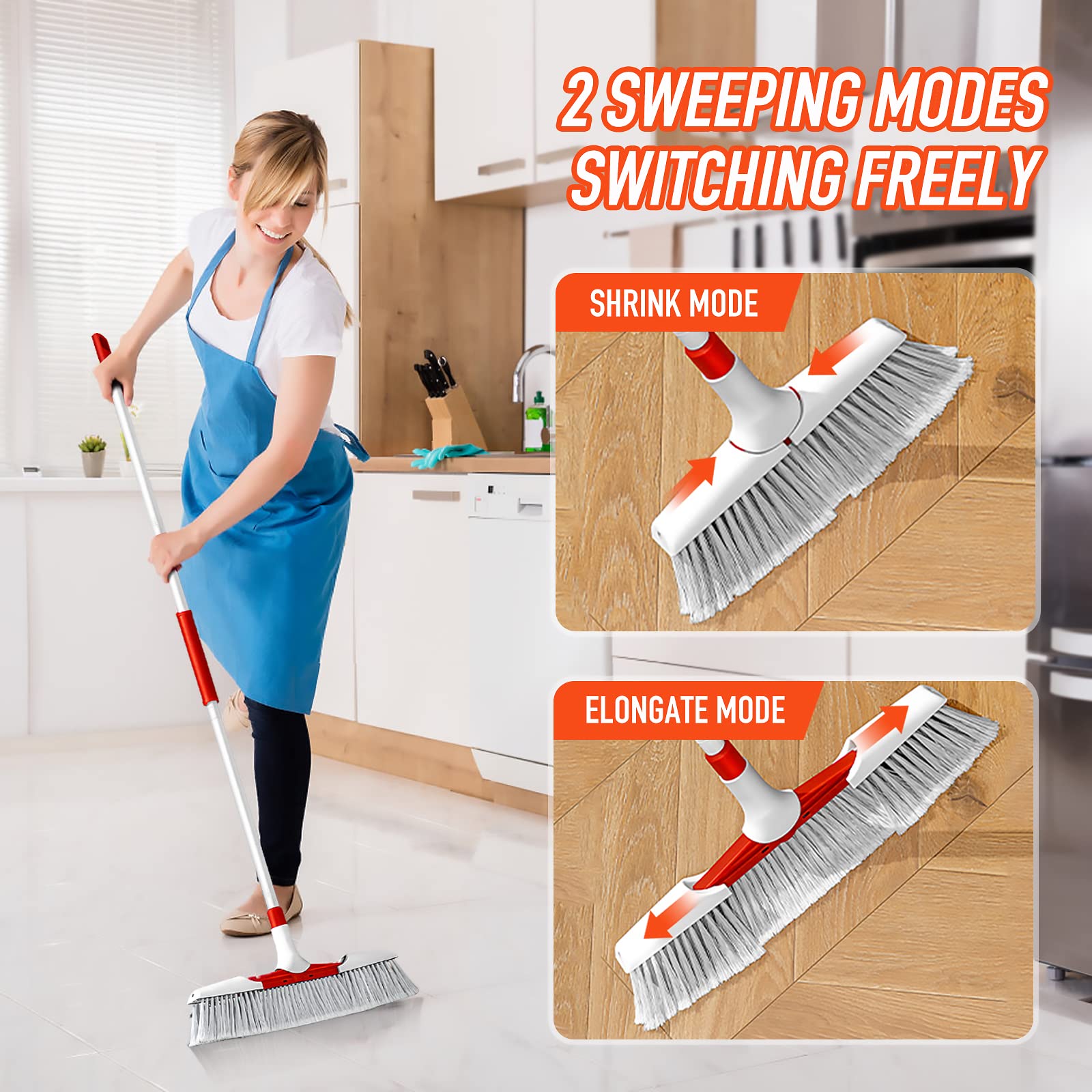 Rebussin® Magic Broom 20 inch - Sweeper with Retractable Head and Thin Bristles for Cleaning Home Kitchen Patio Hall Malls 2023 Upgrades(White with Red)