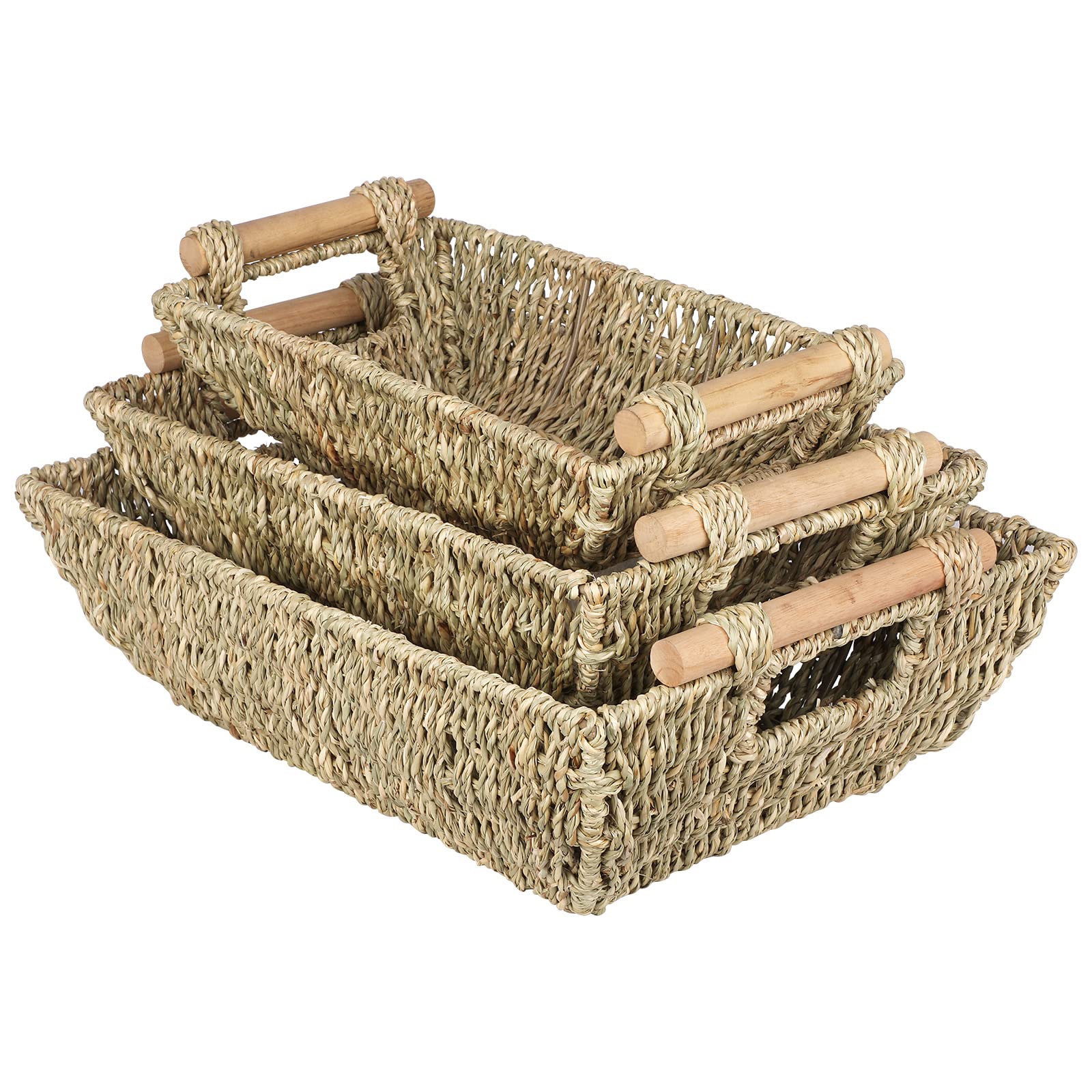 Kenvc Small Wicker Baskets, Seagrass Baskets Set of 3(11/''+13/''+15/''),Wicker Baskets for Storage, Wicker Storage Basket, Seagrass Storage Baskets with Wooden Handles, Natural (Seagrass)