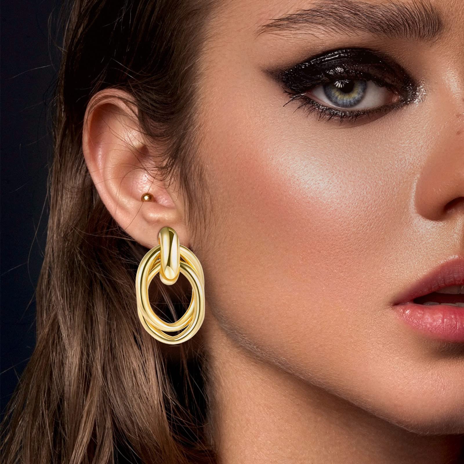 Mevorimp 3 Pairs Gold Hoop Drop Earrings Geometric Double Circle Knot Dangle Chunky Long Chain Statement Earring Sets for Women Birthday Gifts