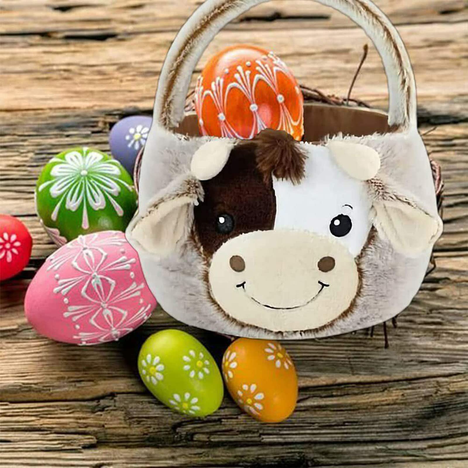 My First Easter Basket for Kids Easter Plush Cow Basket Bags with Plush Ear Easter Eggs Hunting Bag Cute Candy Gifts Storage for Boys Girls (White, 25cm)