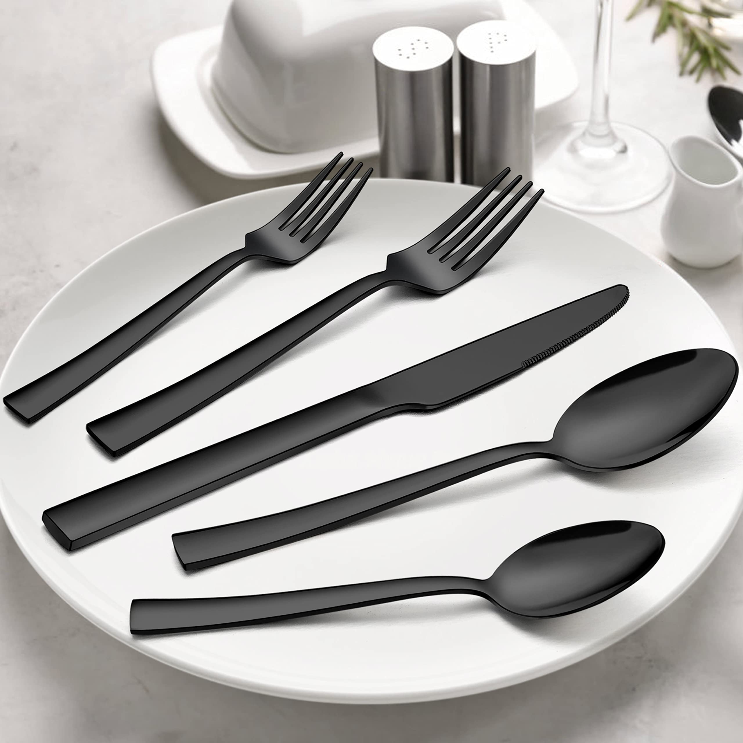 Homikit 66-Piece Shiny Black Silverware Set with Serving Utensils, Stainless Steel Square Flatware Cutlery for 12, Home Restaurant Eating Utensils with Fork Spoon Knife, Mirror Polish, Dishwasher Safe