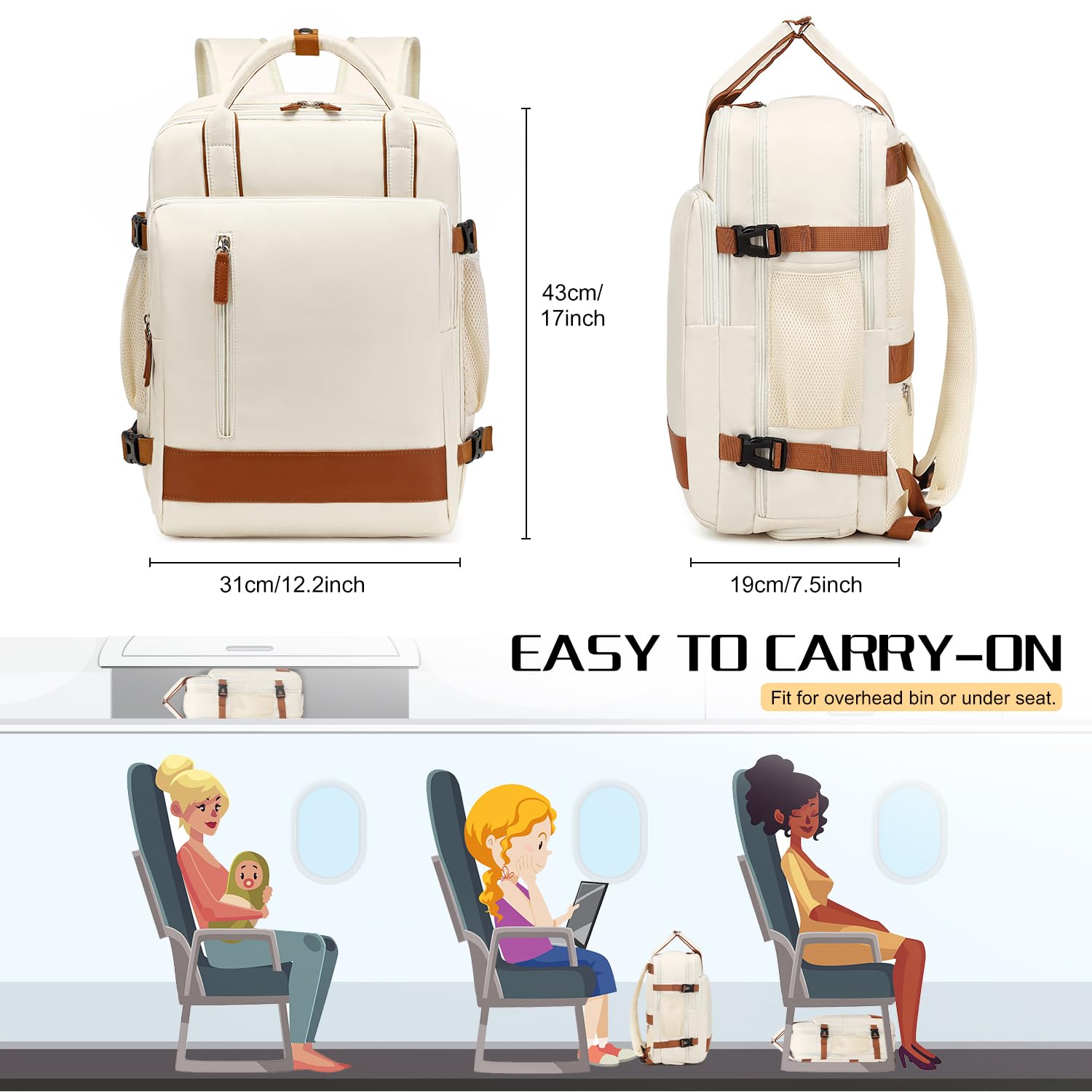 InduSKY Large Travel Backpack for Women, 40L Carry On Backpack Airline Flight Approved with USB Charging Port Shoes Compartment, Personal Luggage Backpack 15.6 Inch Laptop Backpack(Beige+Purple)