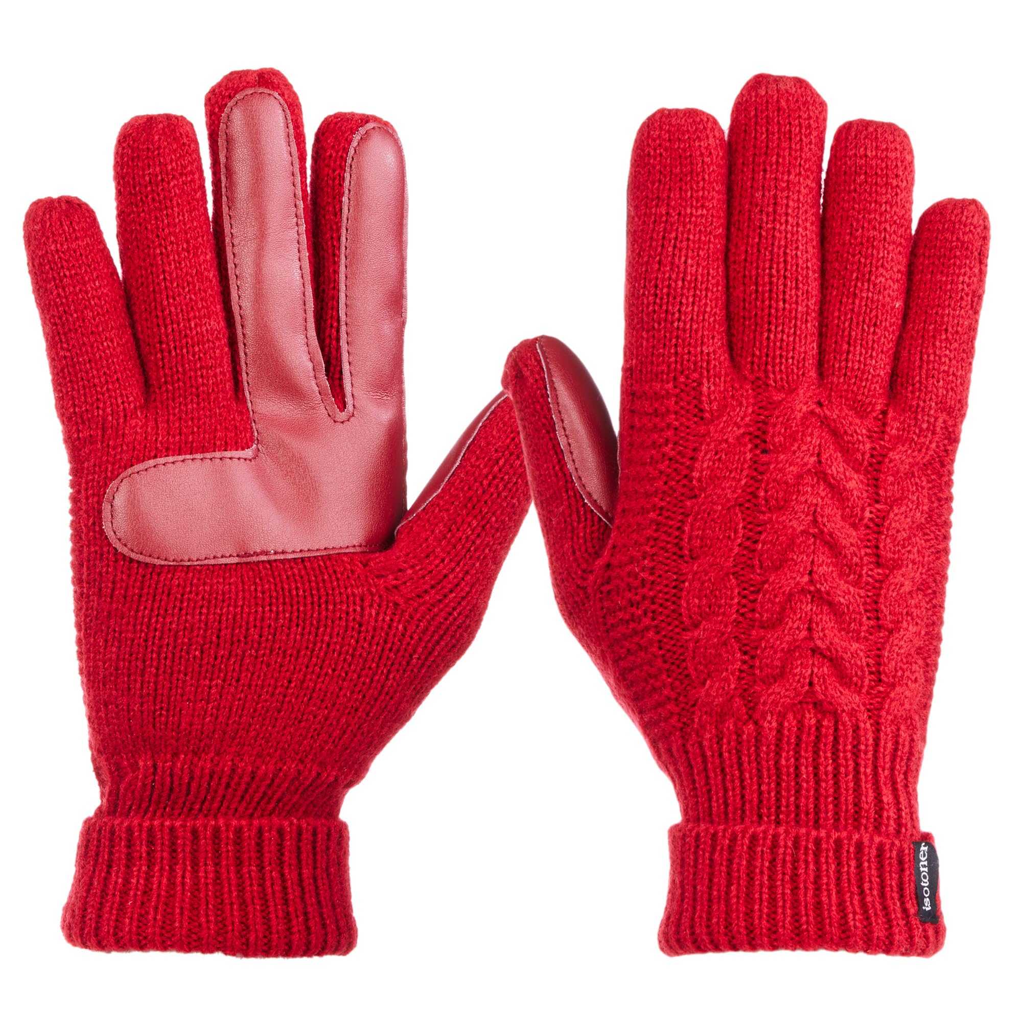 isotoner Womens Smartouch Solid Triple Cable Knit Palm With Patches Gloves, Chili, One Size US