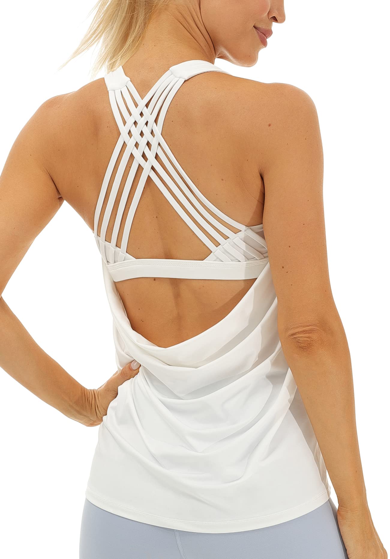 icyzone Yoga Tops Workouts Clothes Activewear Built in Bra Tank Tops for Women (Off White, XL)