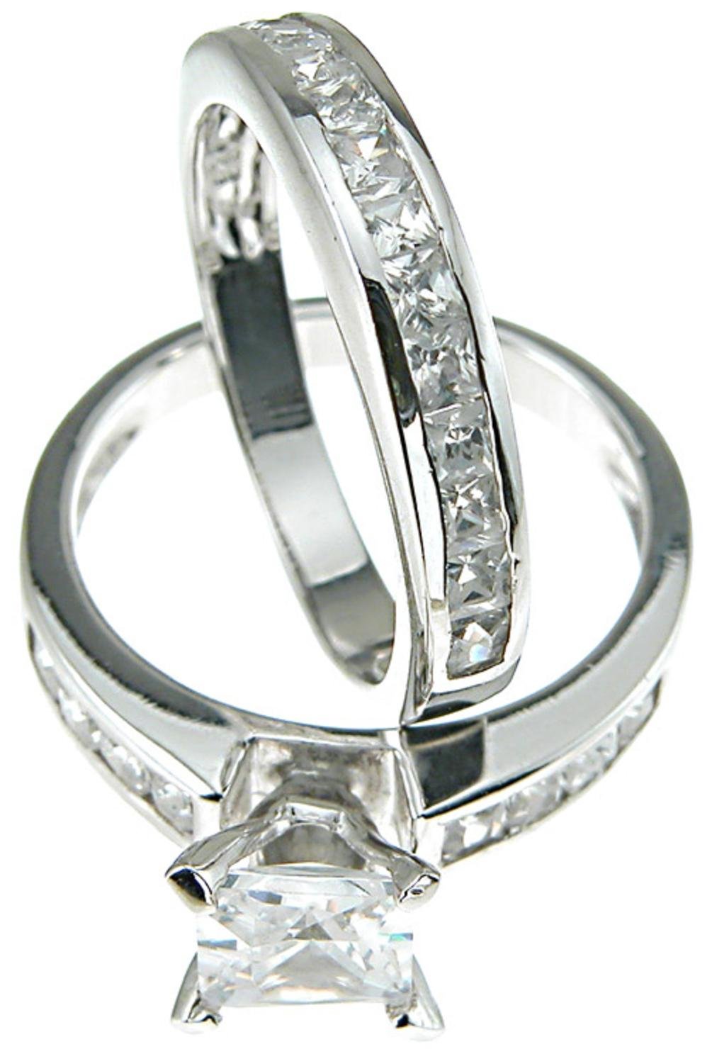 LaRaso & Co Princess Cut Wedding Band Engagement Ring Set in 925 Sterling Silver Size 7