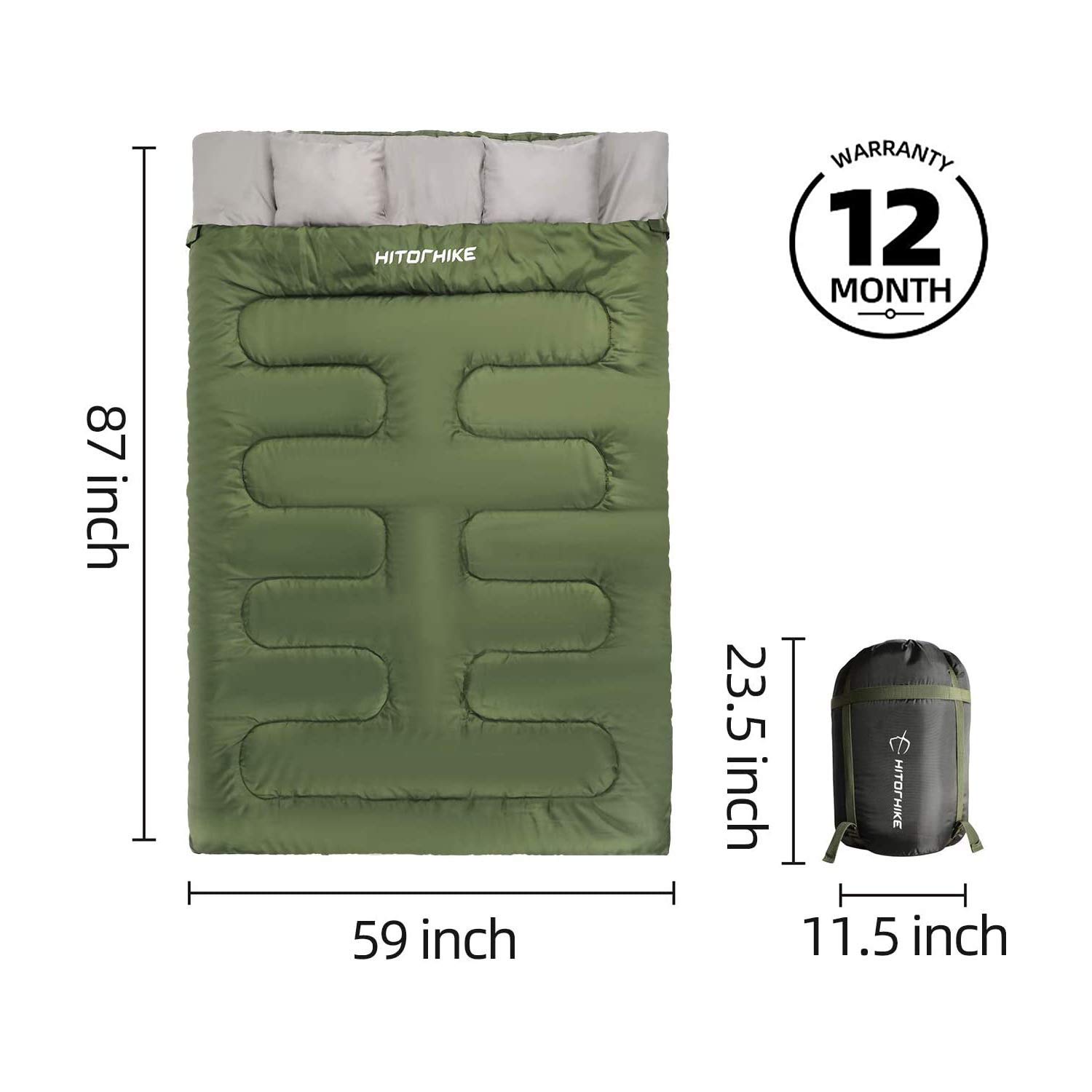 HITORHIKE Double Sleeping Bag for Adults 2 Person Backpacking Sleeping Bag with 2 Pillows 32°F Cold Weather Waterproof Sleeping Bag for Camping, Traveling, Outdoors (Green)