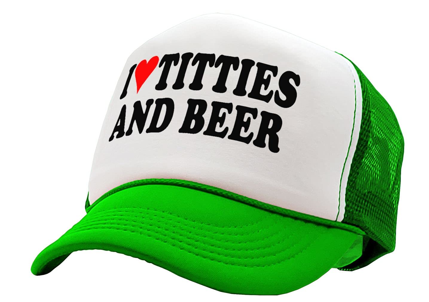 I Heart Titties and Beer - Love Funny Gag - Vintage Retro Style Trucker Cap Hat (Neon Green)