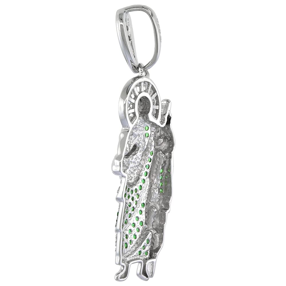 I inch Sterling Silver Micropave Green CZ St Jude Pendant for Women Baguette CZ Halo Rhodium Finish