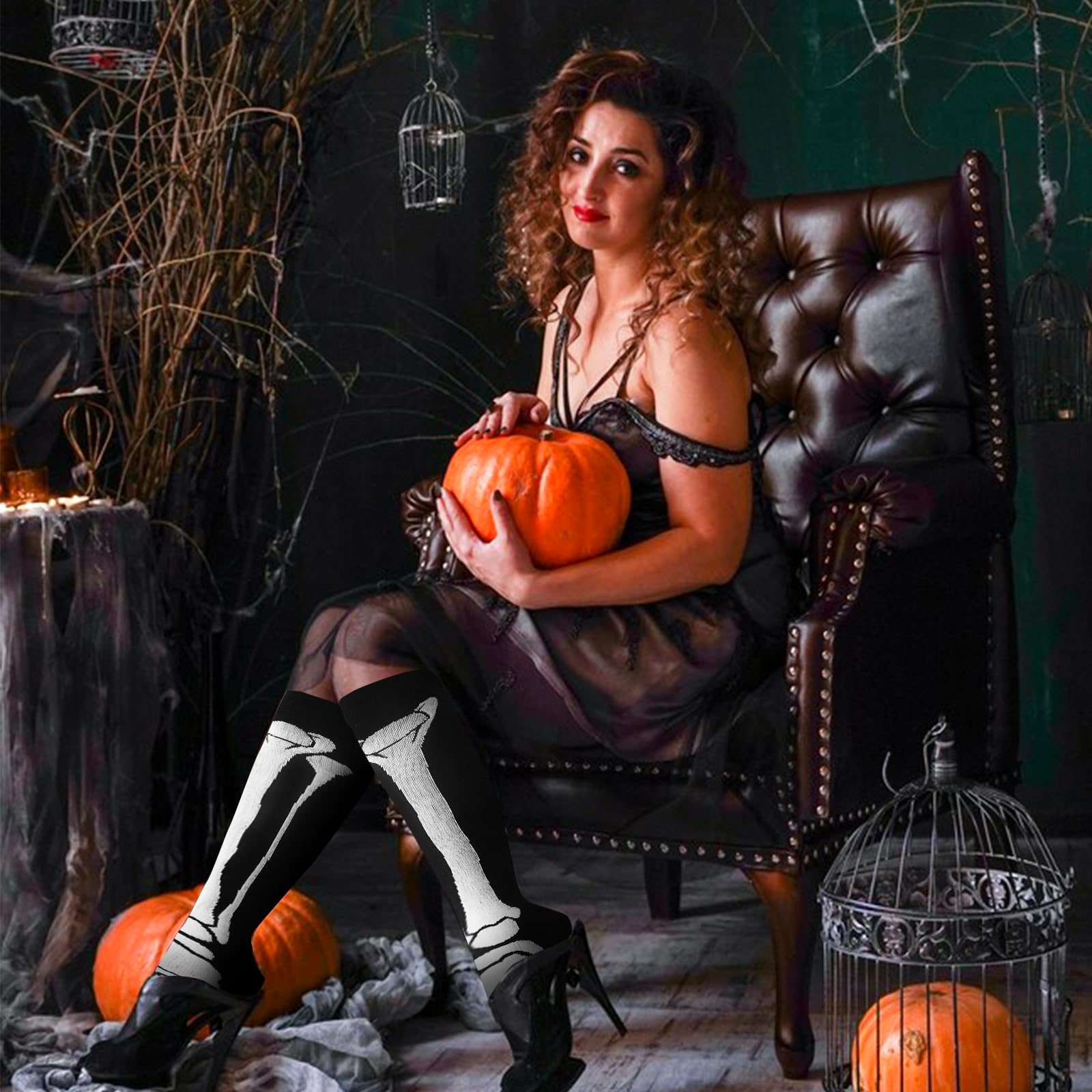 Junely Halloween Compression Socks for Women Knee High Skeleton Skull Gothic Stockings for Running Support Nurses Pregnancy Flying Sports Black