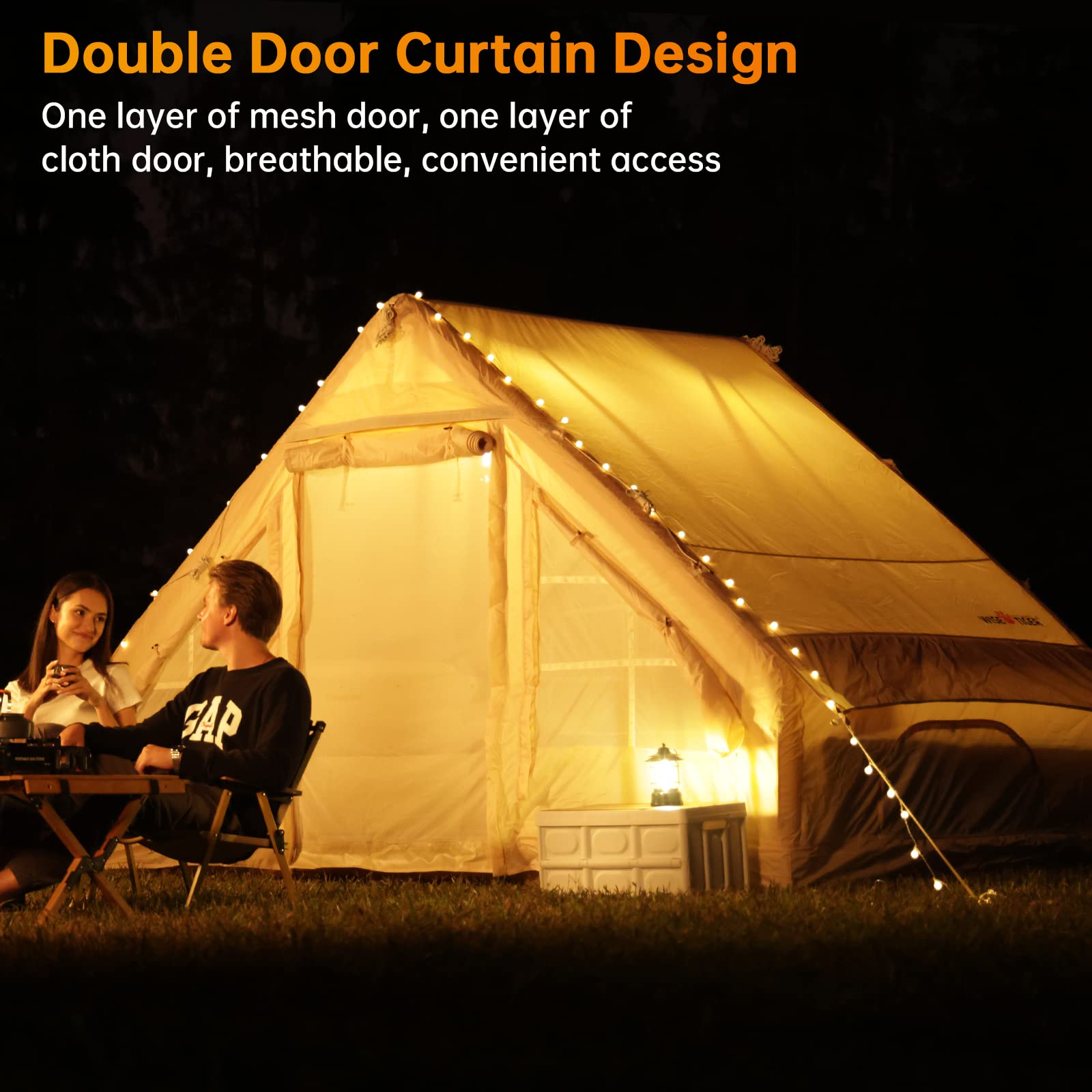 Inflatable Camping Tent with Pump, Glamping Tents, Easy Setup 4 Season Waterproof Windproof Outdoor Blow Up Tent, Luxury Cabin Tent with Mesh Windows & Doors