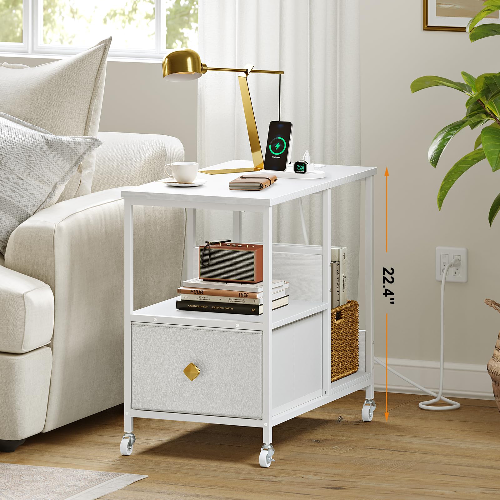 REAHOME End Table with Charging Station, Side Tables with Wheels, Nightstand with Storage Shelves for Small Space, Bedside Table for Bedroom-White